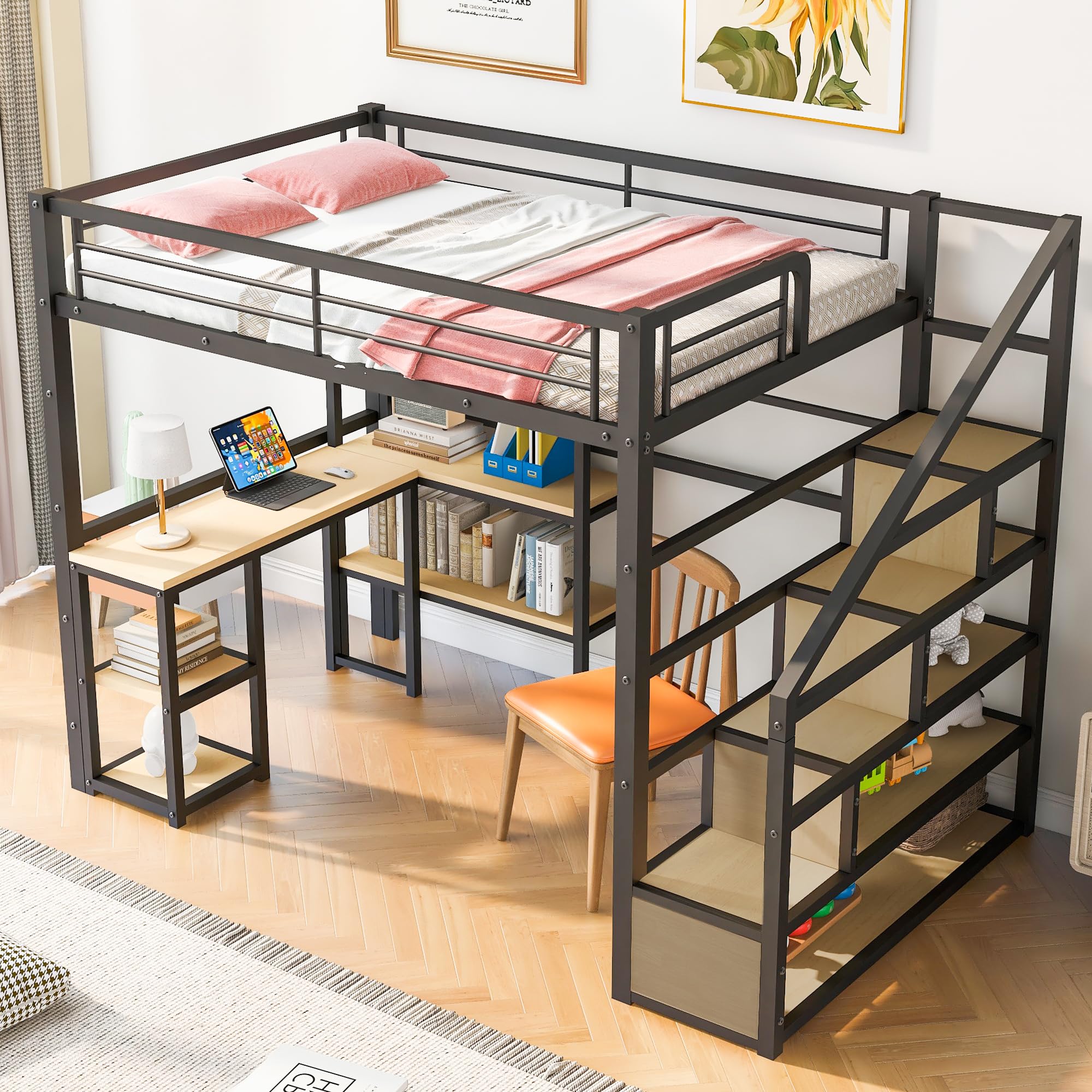 BIADNBZ Metal Loft Bed Full Size with Stairs, Built-in Desk and 3-Tier Shelves, High Bedframe with Storage Steps, for Kids Teens Bedroom, Black