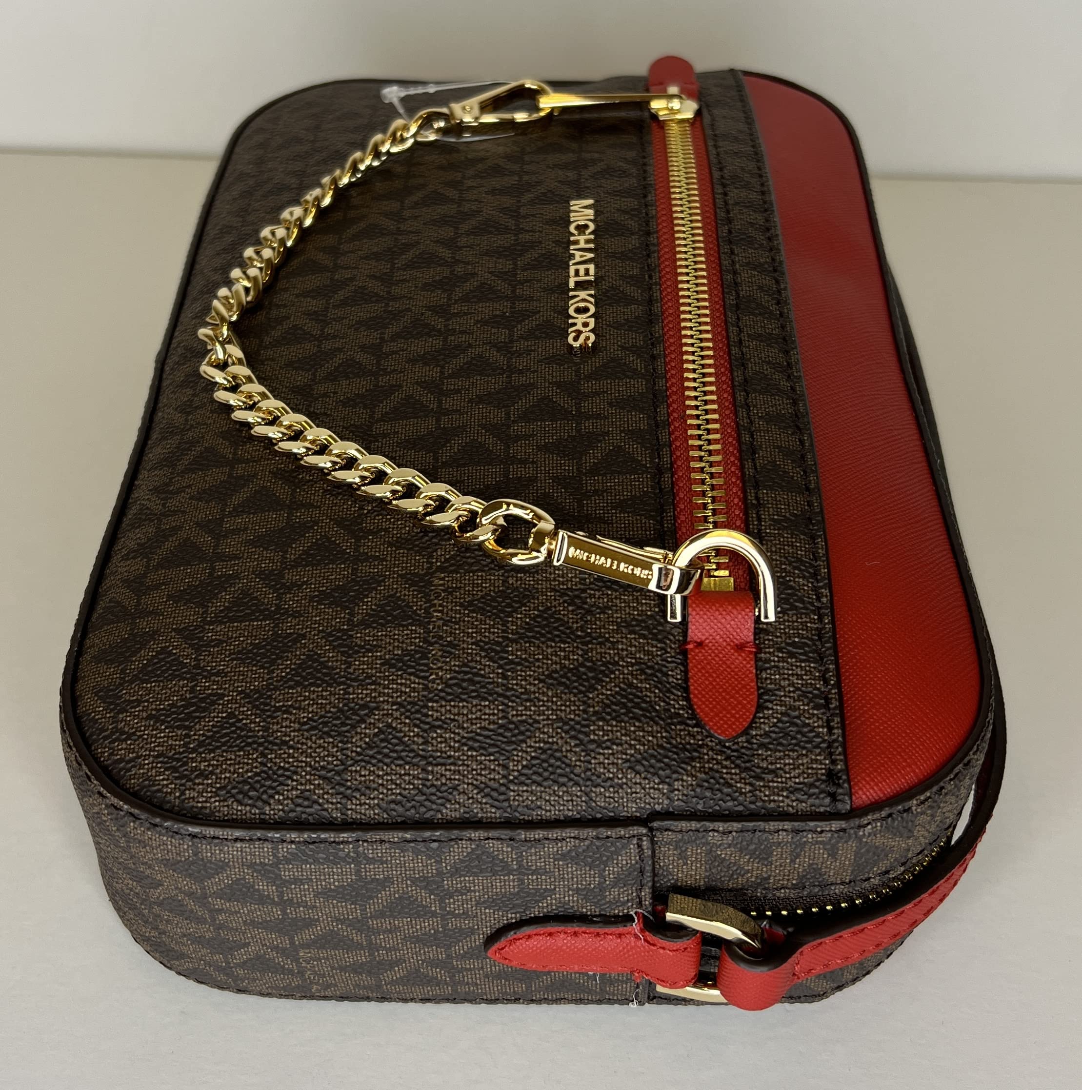 Michael Kors Jet Set Large Chain Crossbody Bag bundled with with SM TZ Coinpouch Wallet and Purse Hook (Signature MK Brown/Flame)