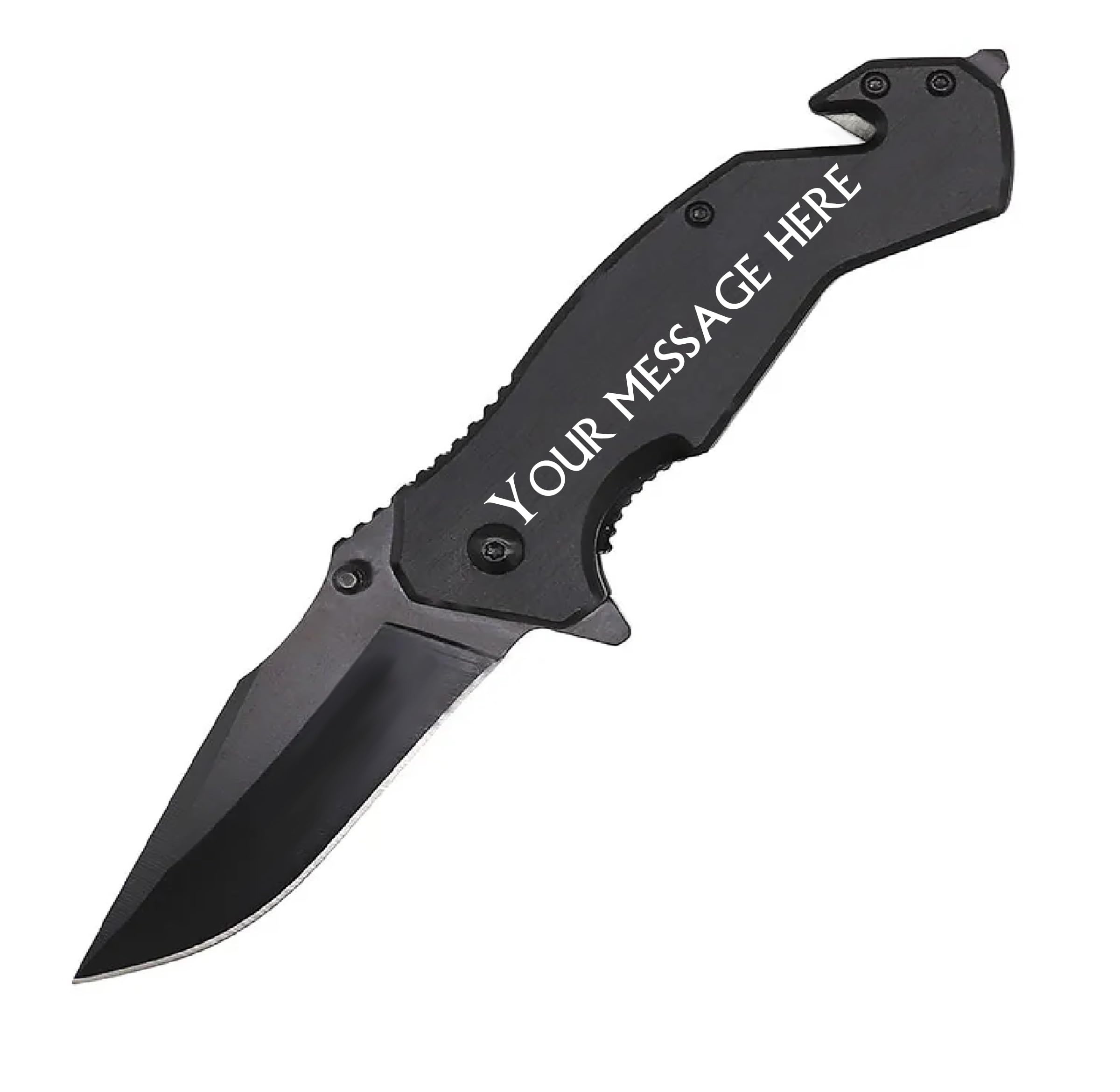 Personalized Laser Engraved Pocket Rescue Knifel with Car Window Breaker and Seat Belt Cutter