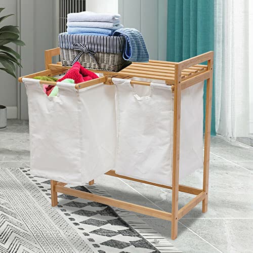 Bamboo Laundry Hamper with Dual Compartments,2 Section Floor Stand Bathroom Storage Shelf Cabinet with Removable Sliding Bags & Shelf Large Freestanding Portable Laundry Basket Hamper Organizer
