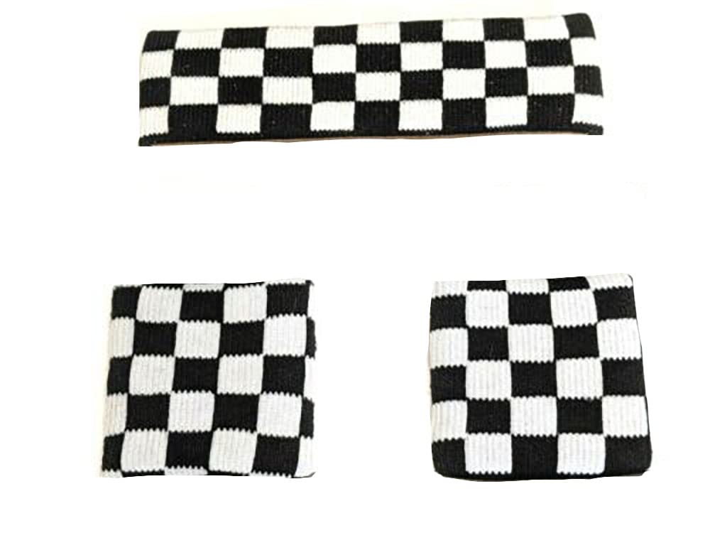 Black and White Checkered Sweatband Headband and Wristband Set