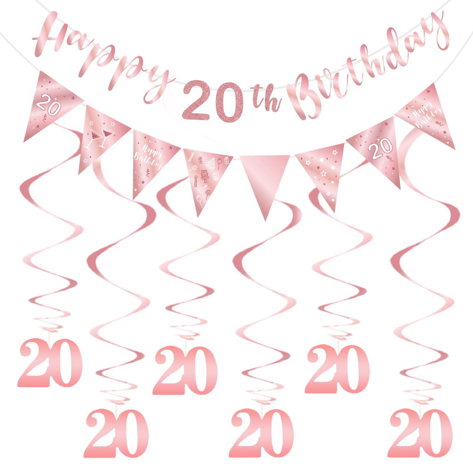 BRT Bearingshui 20th Birthday Decoration Kit for Women, Happy 20th Birthday Banner Bunting Swirls Streamers, Triangle Flag Banner for Birthday Party Decorations Supplies Rose Gold 20th