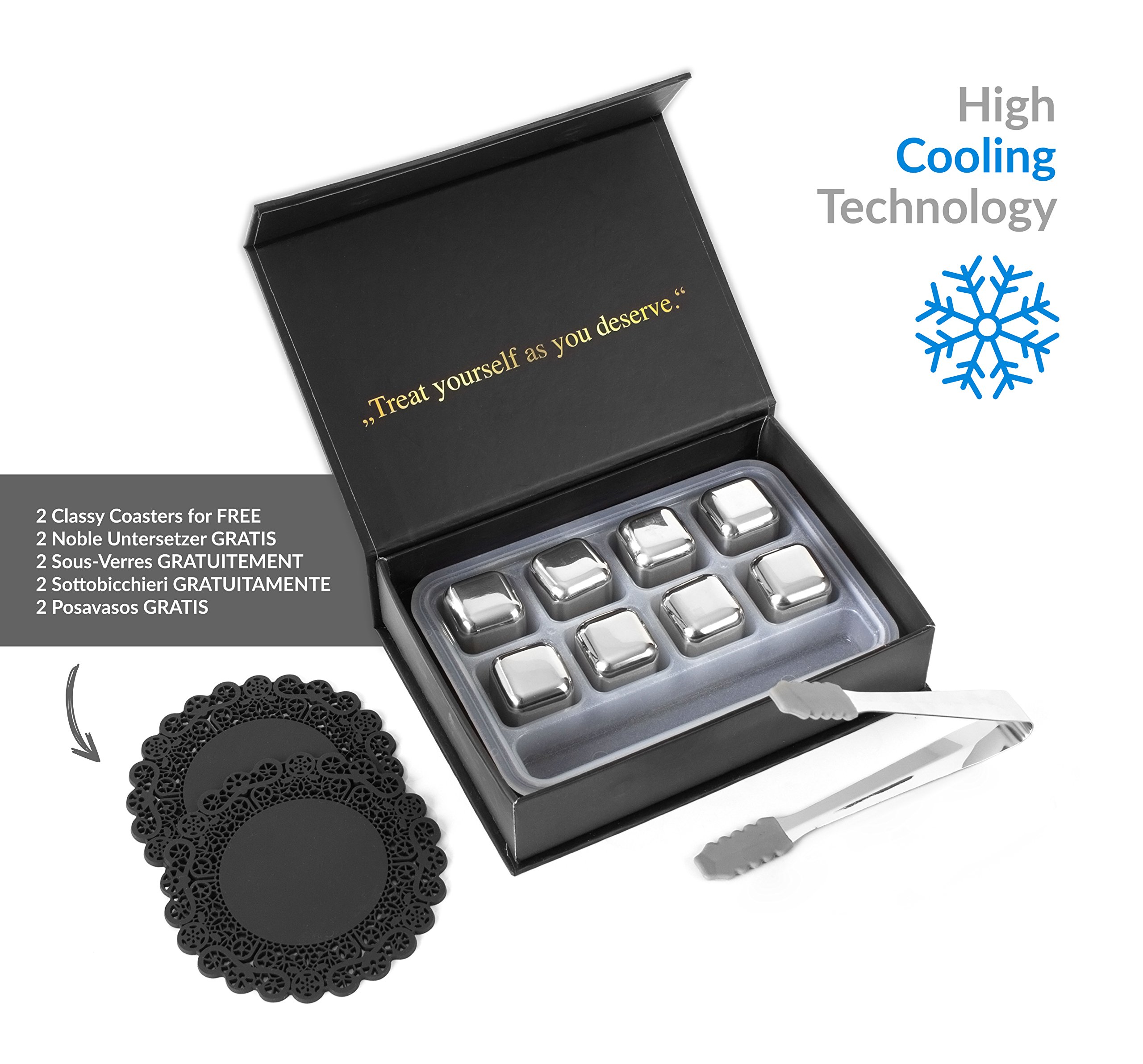πππ¦π§ ππππ§: Exclusive Whiskey Stones Gift Set - High Cooling Technology - Reusable Ice Cubes - Stainless Steel Whisky Rocks - Whiskey Gifts for Men - Regalos para Hombre - Coasters + Ice Tongs