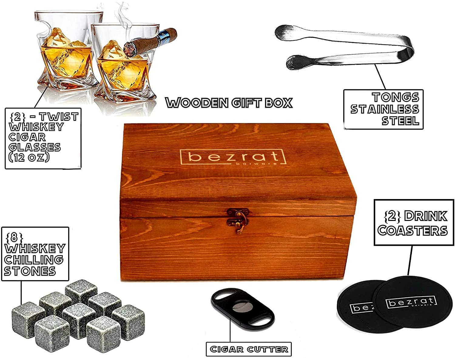 Bezrat Whiskey Cigar Glasses Gift Set - with Side Mounted Cigar Rest - Whisky Chilling Stones and accessories in Wooden Box - Scotch Bourbon Christmas Gift for Dad, Husband, Fathers Day, Birthday