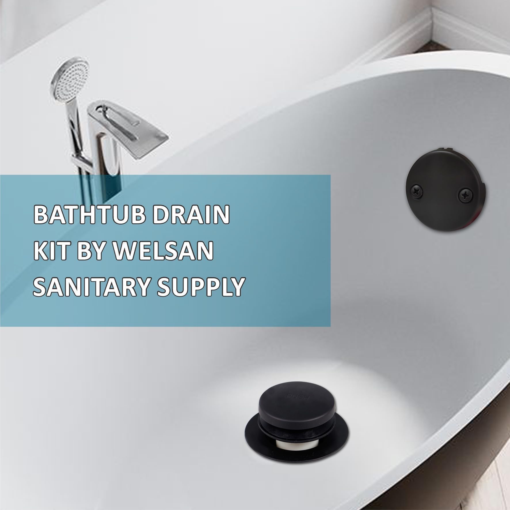 Black Tubular Tub Drain Kit with Welsan Tip-Toe Bathtub Drain Stopper, Touch-Toe Bath Plug Waste and Overflow Face Plate, 1-1/2" PVC Plastic Pipe (Matte Black)