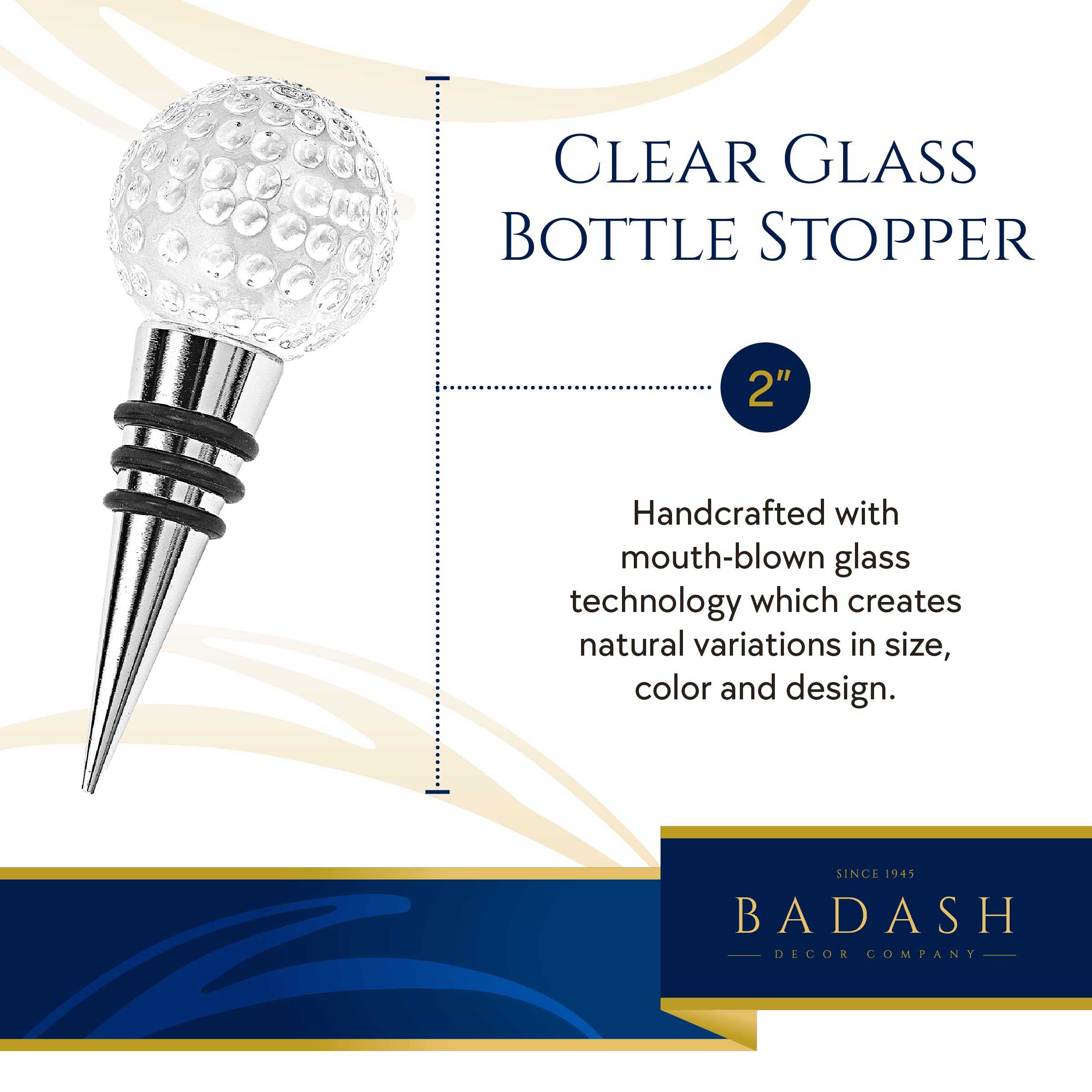 Badash Golf Ball Wine Bottle Stopper - 2" Long Mouth-Blown Lead-Free Clear Glass Stopper - Sparkling Wine Bottle Stopper for Liquor or Wine Glass Bottles