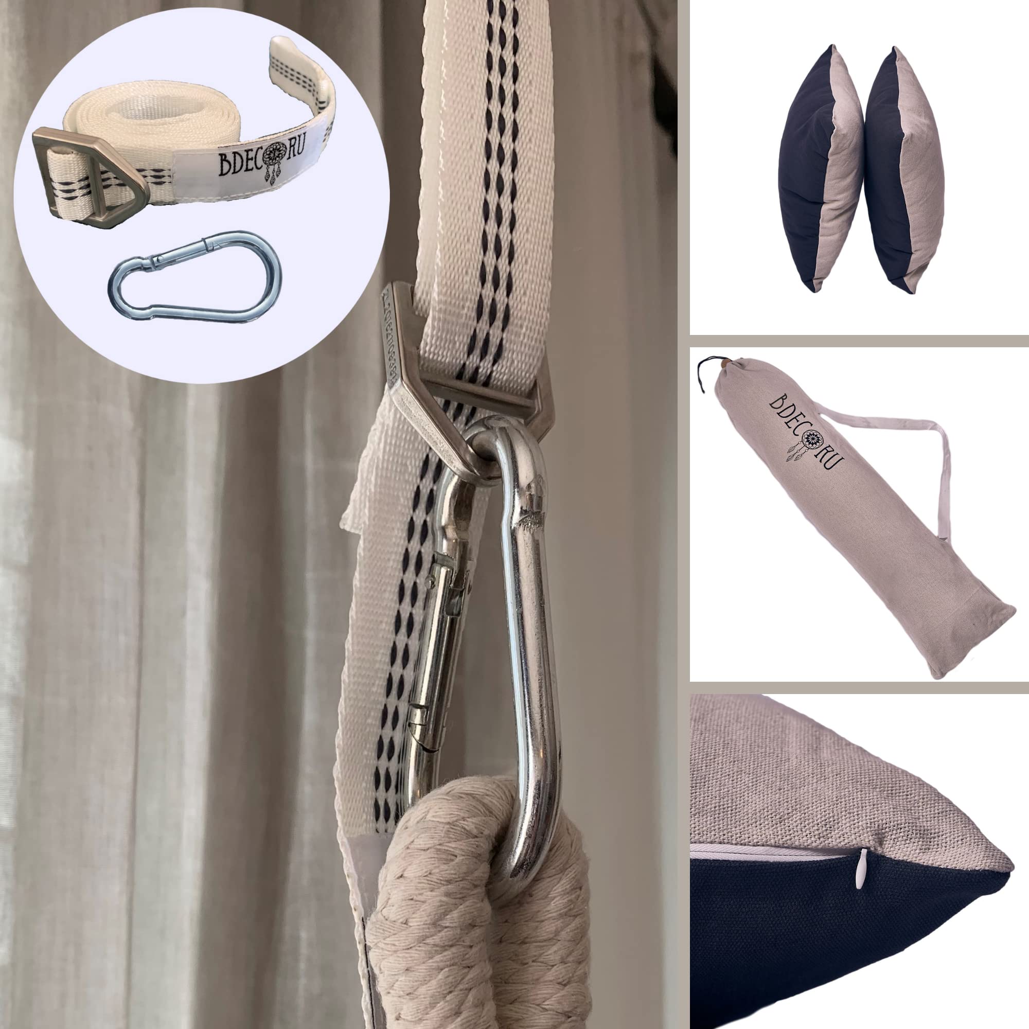 BDECORU Hanging Hammock Chair Swing - Outdoor & Indoor Hammock Swing Chairs for Outside or Inside of Home, Swing Hanging Chair with Footrest - Includes 2 Cushions, Bag, & Hanging Kit - Gray Beige