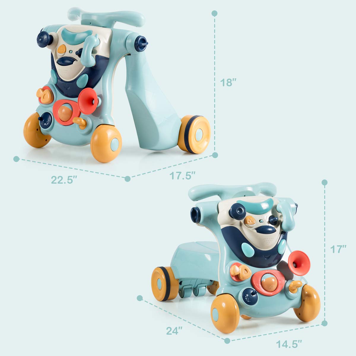 HONEY JOY Sit-to-Stand Learning Walker, 3-in-1 Push Pull Baby Walker W/Wheels, Convertible Ride On Toy Car, Kids Educational Activity Center W/Sound & Light for Toddler Infants Boy Girl (Blue)