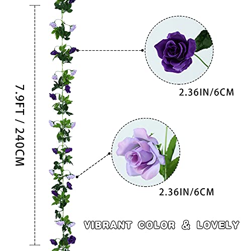 Floweroyal 2 Pack Artificial Flower Garlands 15.8FT Fake Rose Vines Silk Flowers Hanging Rose Ivy for Wedding Arch Party Home Garden Wall Decor (Purple)