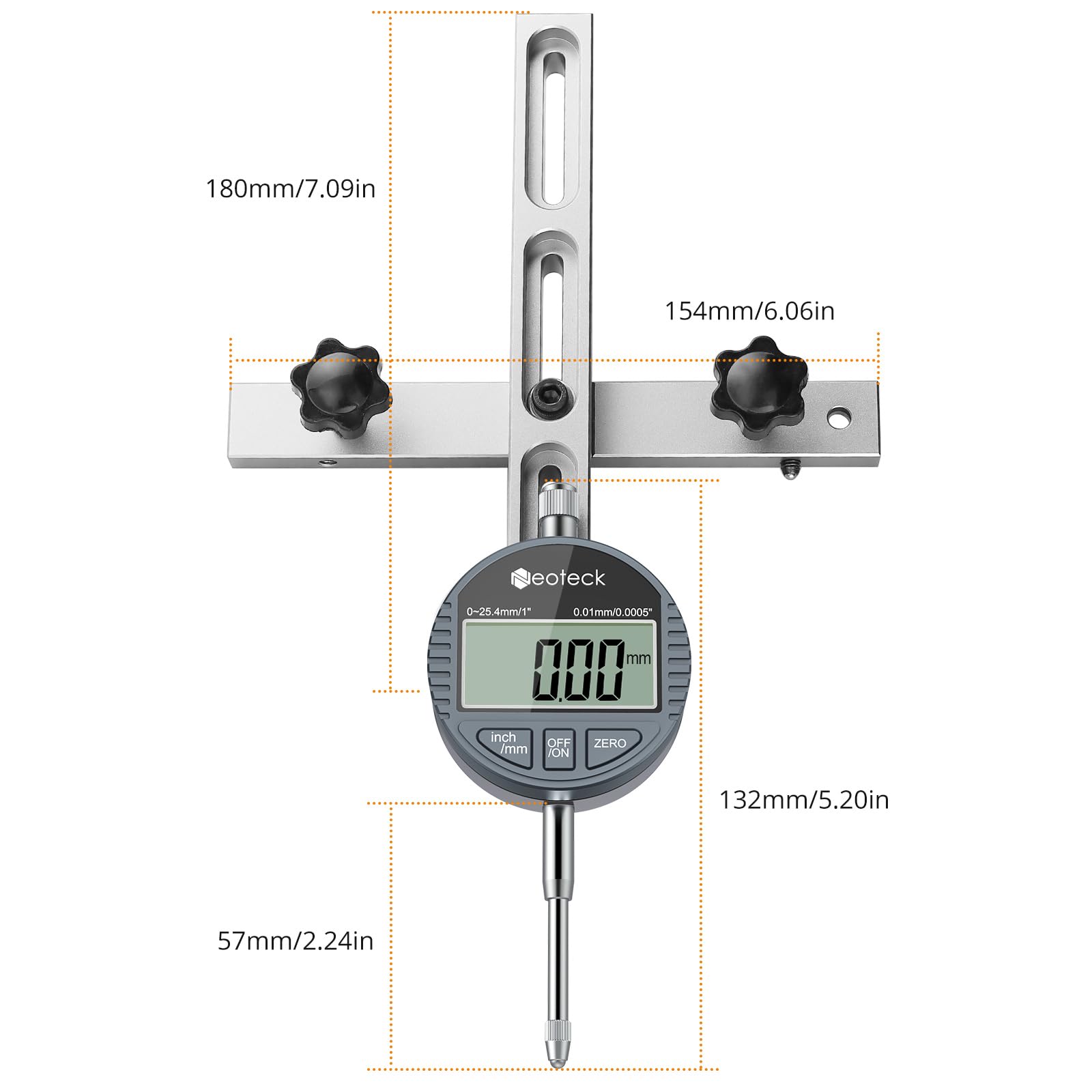 Neoteck 0-1'' Digital Dial Indicator Table Saw Gauge Suitable for Table Saws with a Groove Width of 3/4" (19mm) or more for Aligning and Calibrating Work,Shop Machinery,Band Saw and Drill Press-Silver
