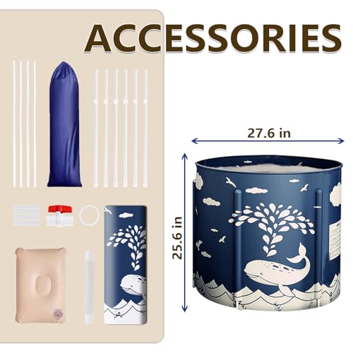 BDL Portable Bathtub, Foldable Adult Japanese Soaking Bath Tub, BDL Freestanding Ice and Hot tubs with Thermal Foam, Folding Spa Bath Tub for Small Spaces Free Pillow and Storage Bag Whale Blue
