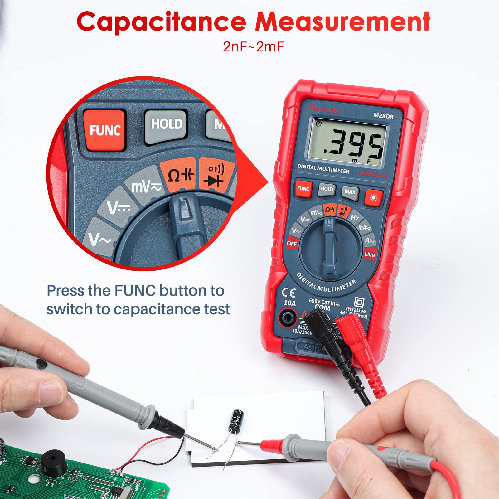 AstroAI M2K0R Digital Multimeter with DC AC Voltmeter and Auto Ranging Tester ; Measures Voltage, Current, Capacitance; Tests Live Wire, Continuity