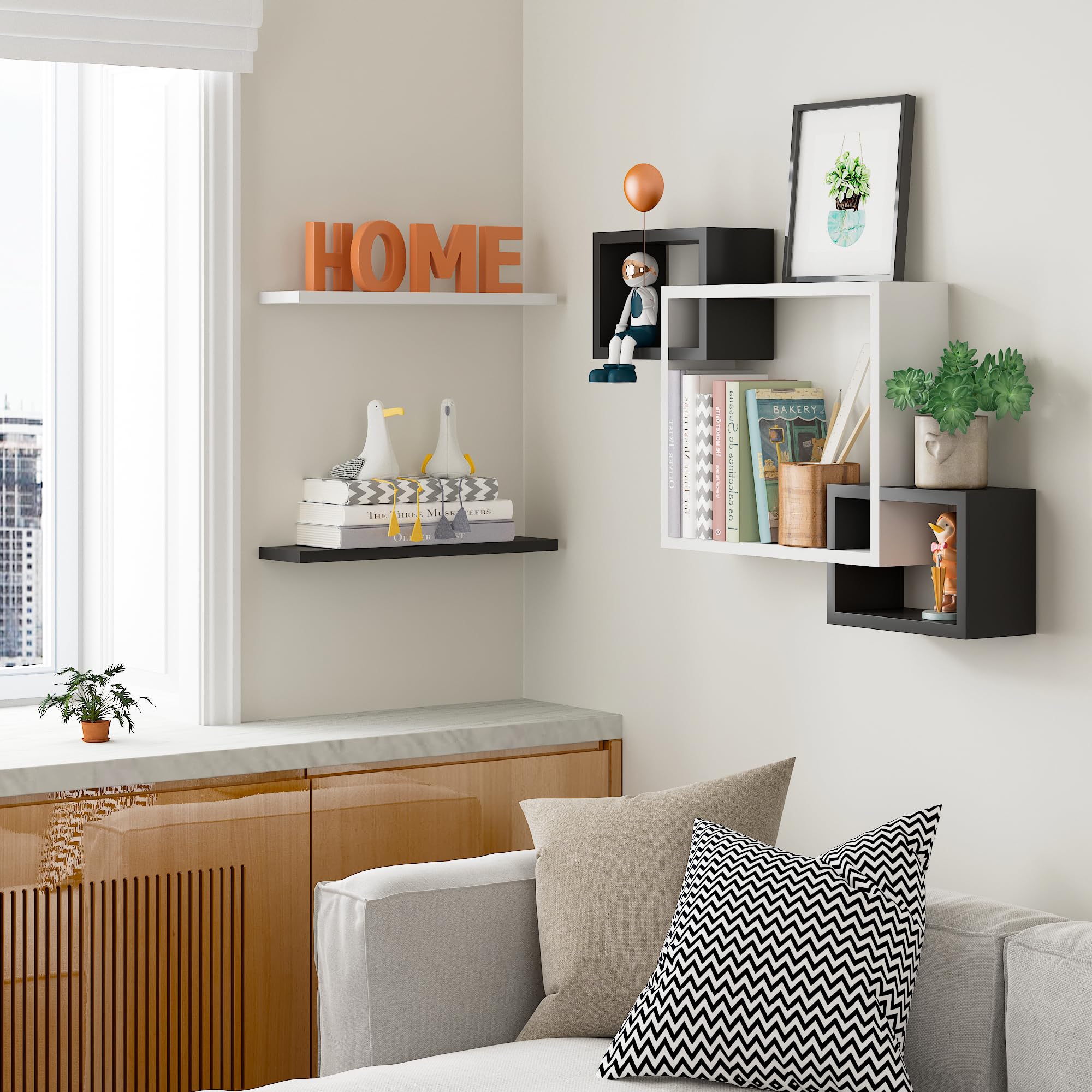 Black&White Intersecting Square Floating Shelves for Wall Decor Modern Decorative Cube Wall Shelves for Display Geometric Boxes Shelves Wall Decoration for Living Room,Dining Room,Bedroom,Home-Pine