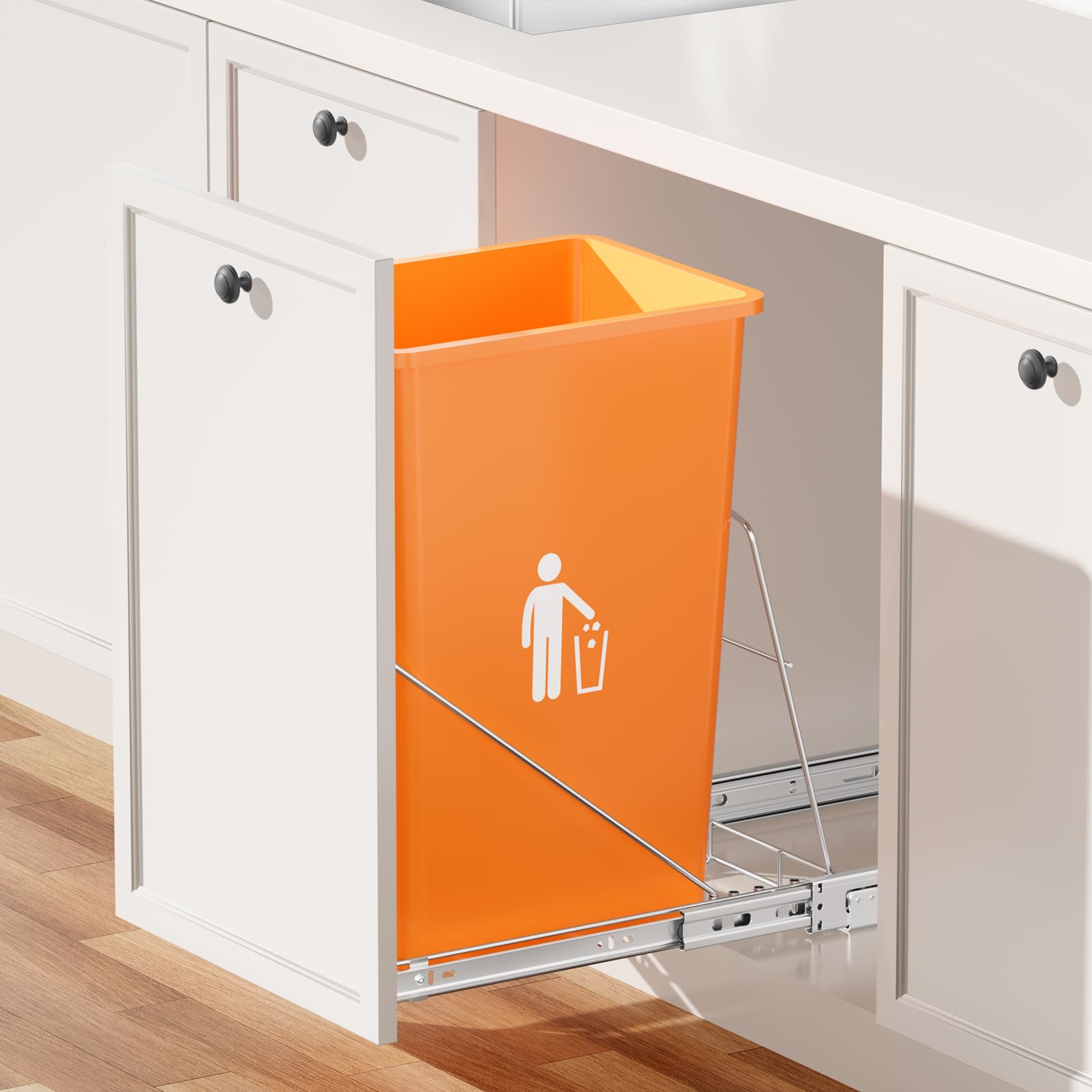 RUNMI Pull Out Trash Can Under Cabinet, Under Sink Trash Can Rack with Door Mounting Kit, Cabinet Trash Can Pull Out Kit Holds 7-10 Gallon Trash Can, for Kitchen Cabinet, Trash Can Not Included