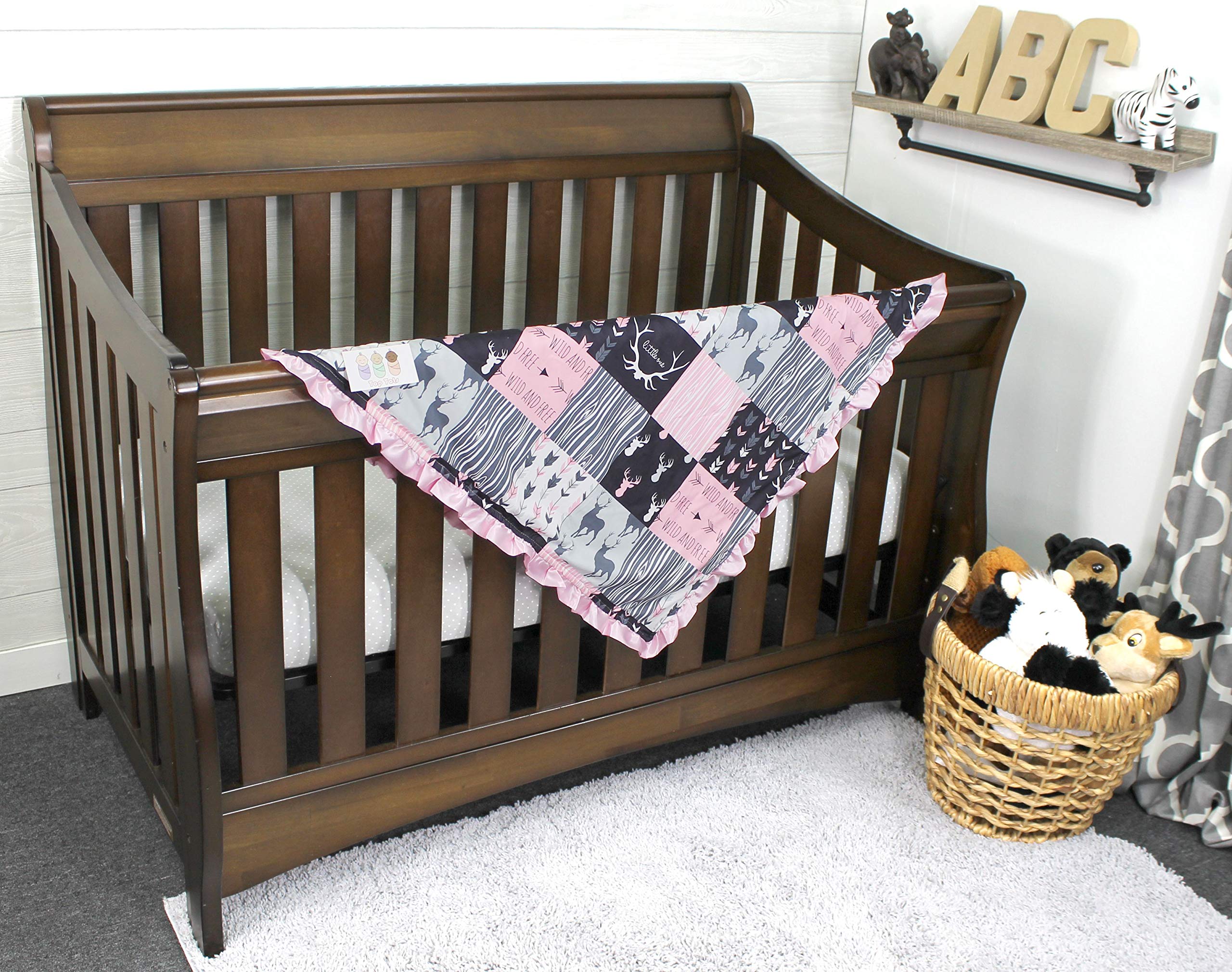 Baby Blanket - Minky, Deer, Arrows and Antlers, Pink with Gray and Black, with Pink Ruffles