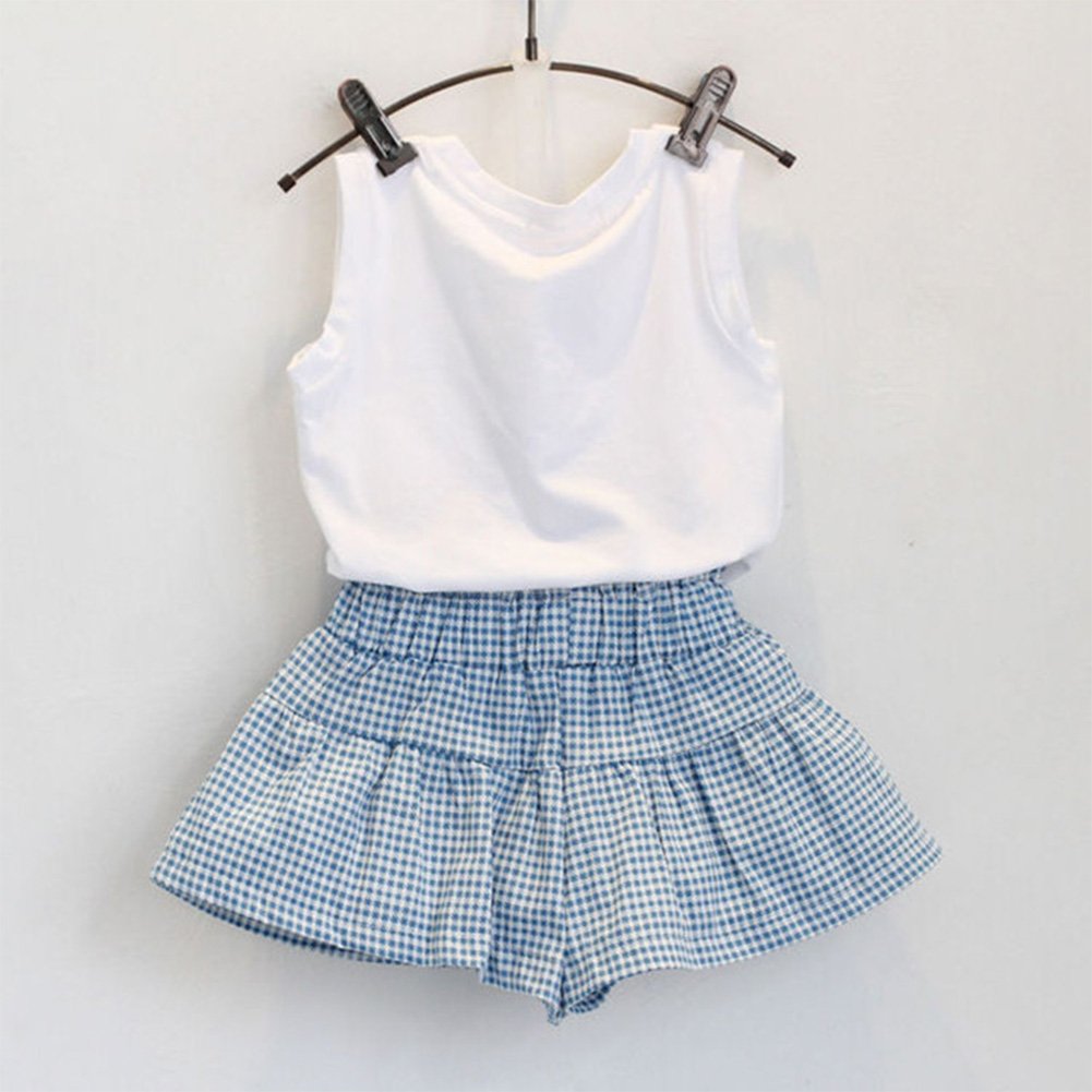 Verypoppa Baby Girls Sleeveless T Shirt + Plaids Shorts Sets Outfits , White + Blue, 4 - 5 Years