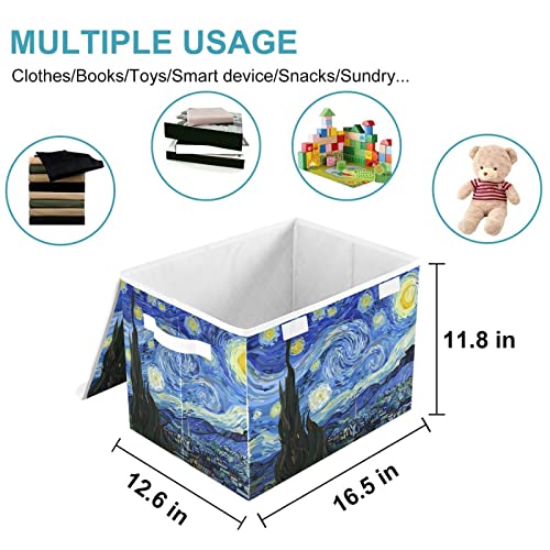 CaTaKu Large Fabric Storage Bins With Lids, Van Gogh The Starry Night Storage Boxes With Handles for Organizing Clothes, Collapsible Storage Cube Bins Baskets for Shelves