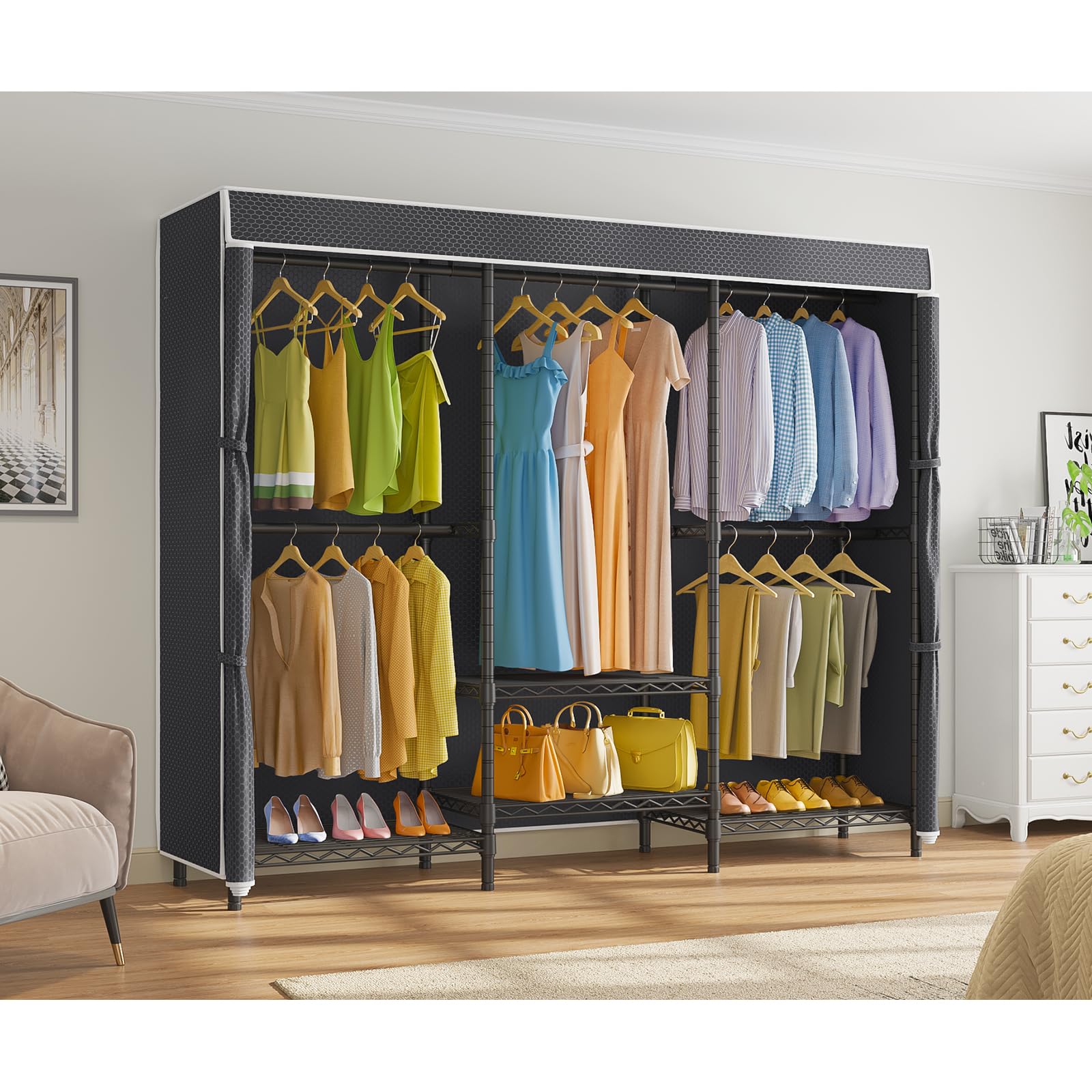 VIPEK V5C SE Garment Rack Wardrobe Closet, Heavy Duty Clothes Rack with Adjustable Shelves and Black Upgraded Polyester Cover, Black Metal Clothing Storage Organizer for Bedroom, 70.1" Lx17.3 Wx76.4 H