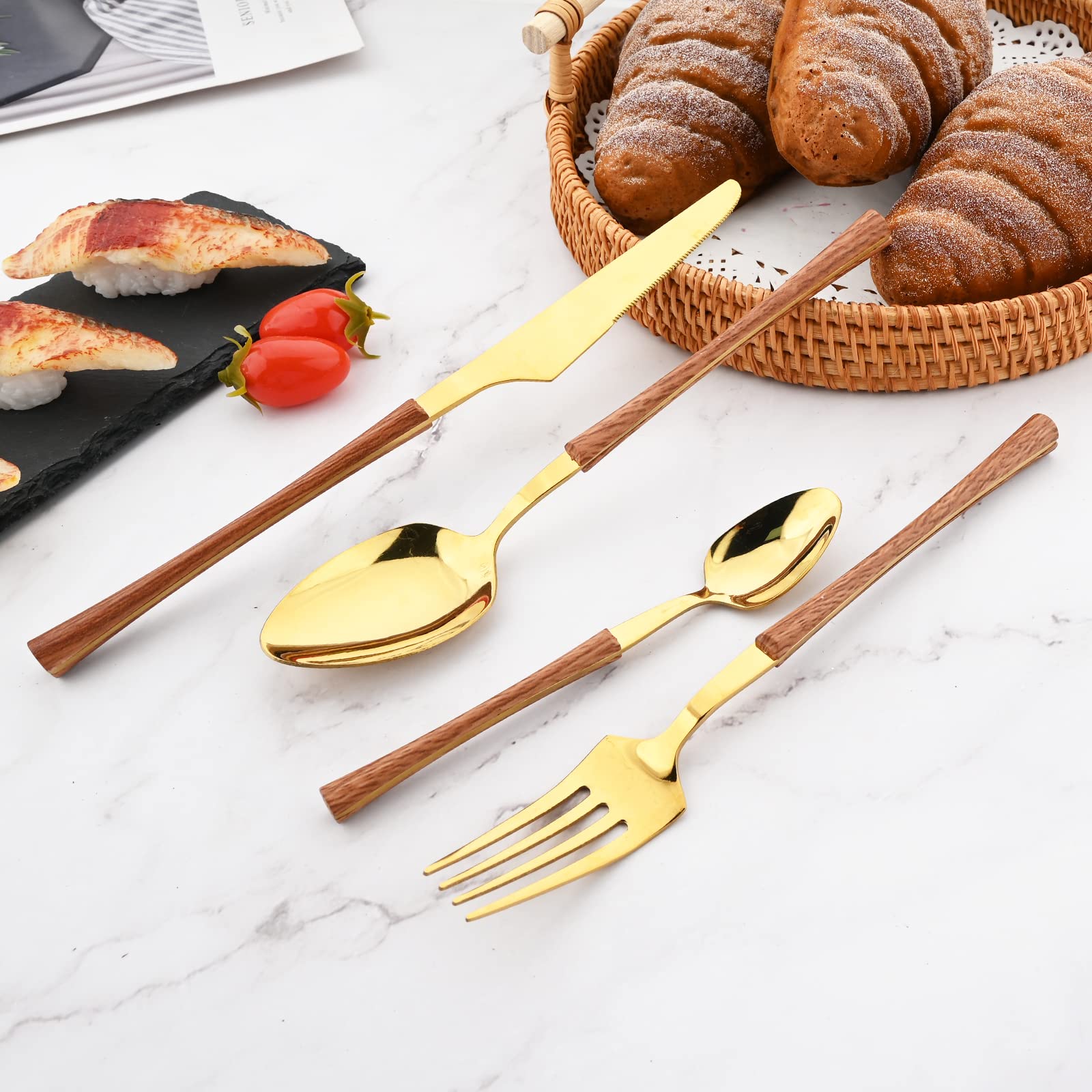 BRIIEC 24-Piece Wood Silverware Flatware Set Stainless Steel Cutlery Service for 6, Including Fork Spoon Knife Tableware, Mirror Polished,Wooden Handle with Gold Mouth