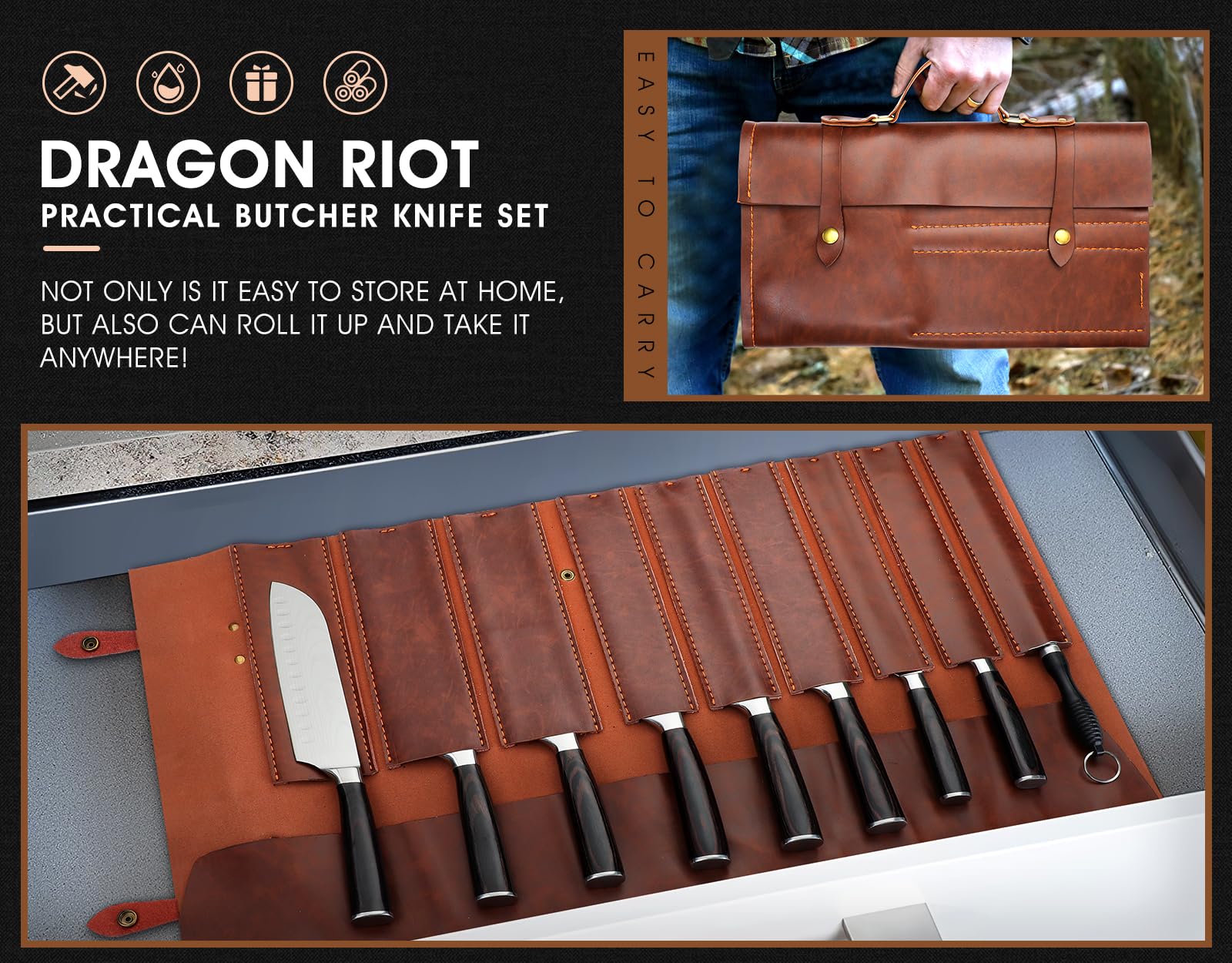 DRAGON ROIT Japanese Knives Set Damascus Pattern Chef Knife Set for Kitchen with Roll Bag, Sharp 14Pcs Stainless Kitchen Knife Set Brown Handle