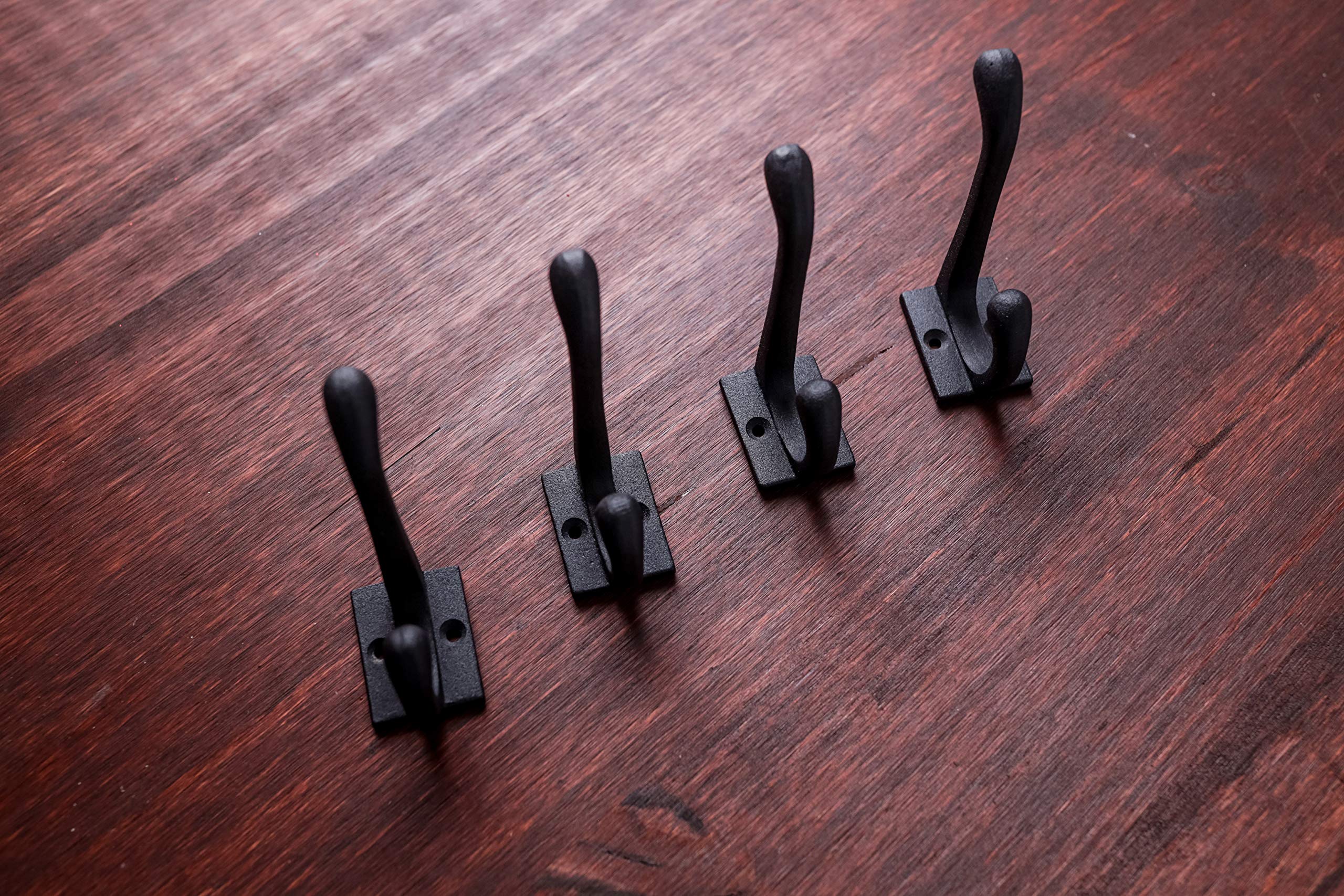 CRAFTSMAN ROAD Vintage Cast Iron Wall Hooks (Black Texture Finish, Set of 4) - Rustic, Farmhouse Coat Hooks | Great for Coats, Bags, Towels, Hats | Classic Stout
