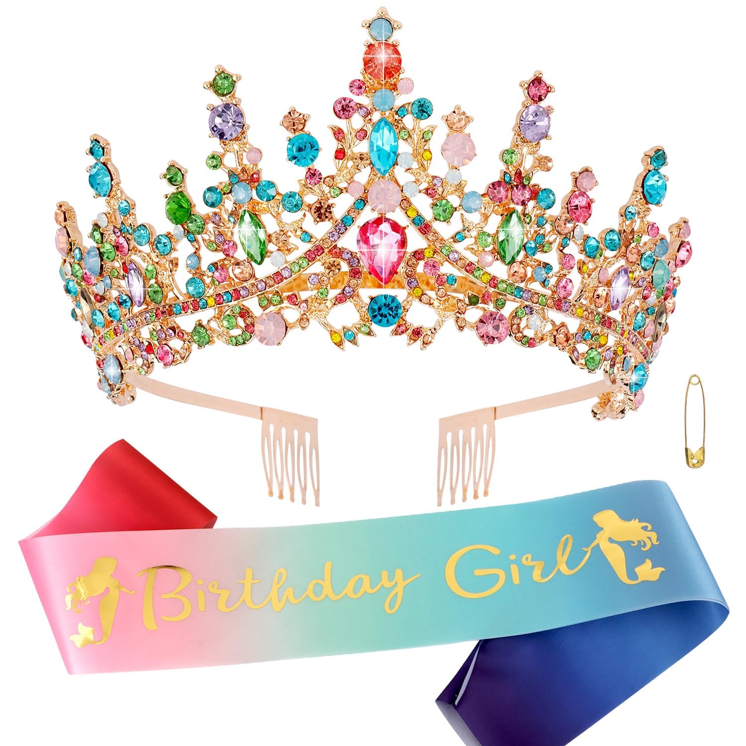 ATODEN Birthday Girl Sash Tiara Queen Crown Tiaras and Crowns for Women Girls Multicolor Crystal Princess Tiara Rhinestone Headbands Quinceanera Crown Happy Birthday Decorations Accessories for Wedding Bride Bridal Cosplay Prom Halloween Party Supplies
