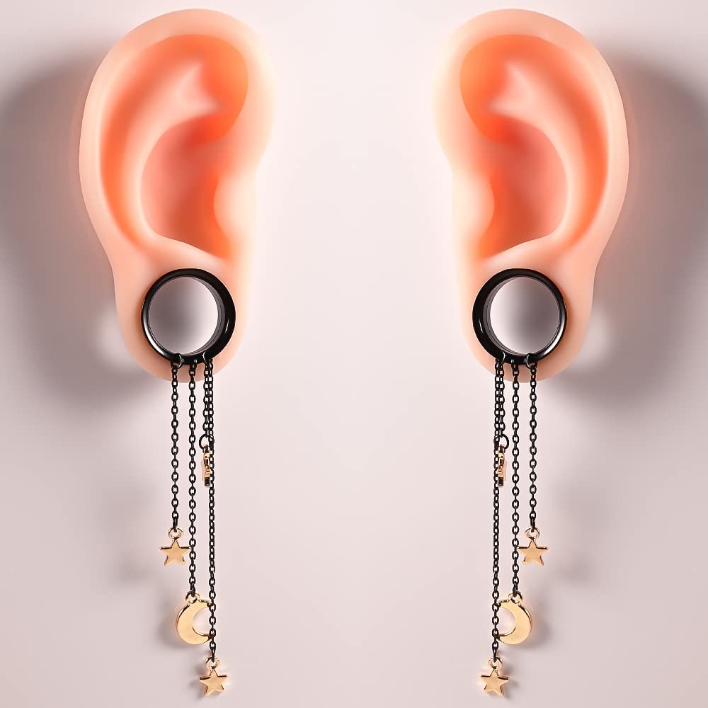 Atomhole 2PCS Moon and Star Dangle Ear Gauges 316 Stainless Steel Ear Plugs Tunnels Hypoallergenic Earrings Expander for Stretched Piercing Body JewelryJewelry