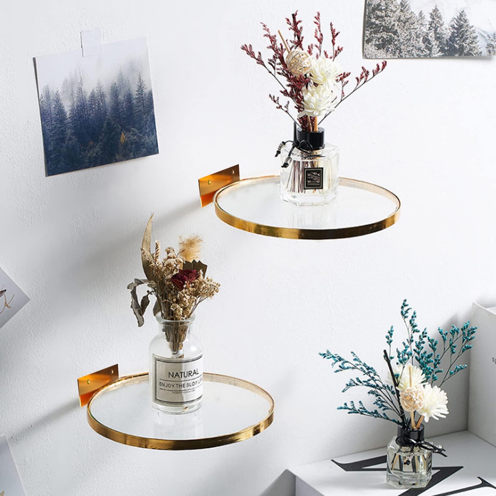 Cityelf Floating Shelves Wall Mounted Gold Wall Decor Iron Glass Hanging Shelf Home Decor Set of 3 Display Ledge Shelves for Living Room Bedroom Office-Gold-S