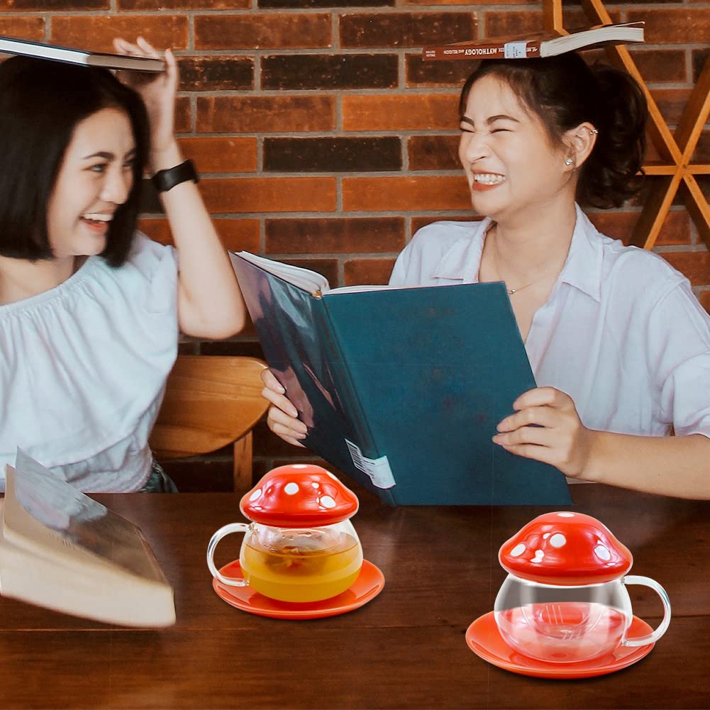 BINBE Cute Mushroom Cup,Heat Resistant Glass Tea Cup with Lid & Filter Infuser &Tray Kawaii Gifts Mushroom Mug for Coffee,Loose Leaf Tea,Milk (Orange)