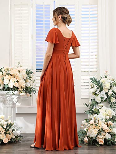 deamify Modest V Neck Flutter Sleeves Bridesmaid Dresses with Pockets Split Pleats Short Sleeves Sage Green Formal Dress for Women 10