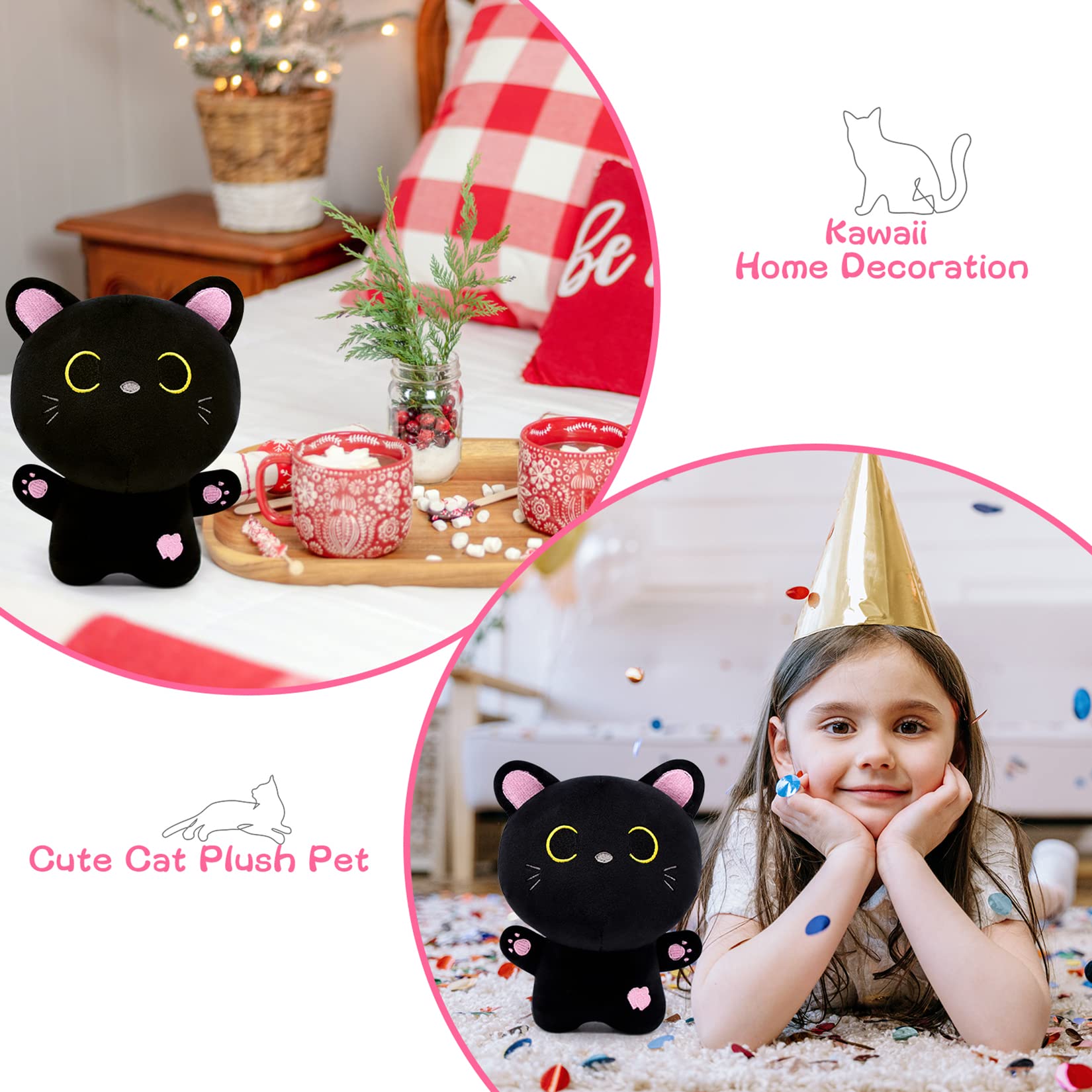 Black Cat Plush Soft Black Cat Stuffed Animal Pillow Toy, Cute Cat Plushie Stuffed Doll Toy for Kids Lover