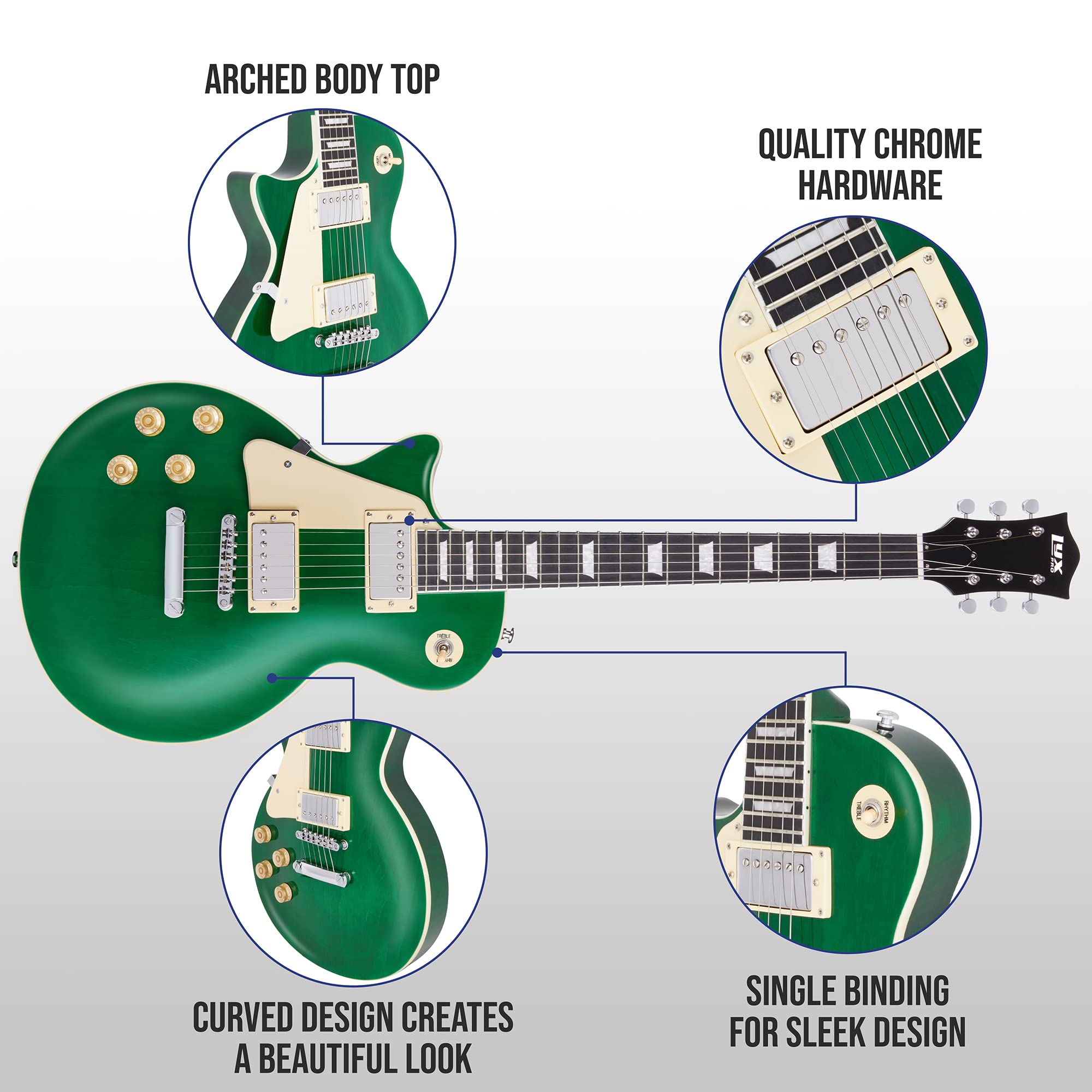 LyxPro 39” Left Hand SB Series Electric Guitar, LP Style for Beginner, Intermediate & Pro Players Solid Body Guitar, Bonus 2-Pack of Picks, Mahogany Wood, Volume/Tone Controls, 3-Way Pickup - Green