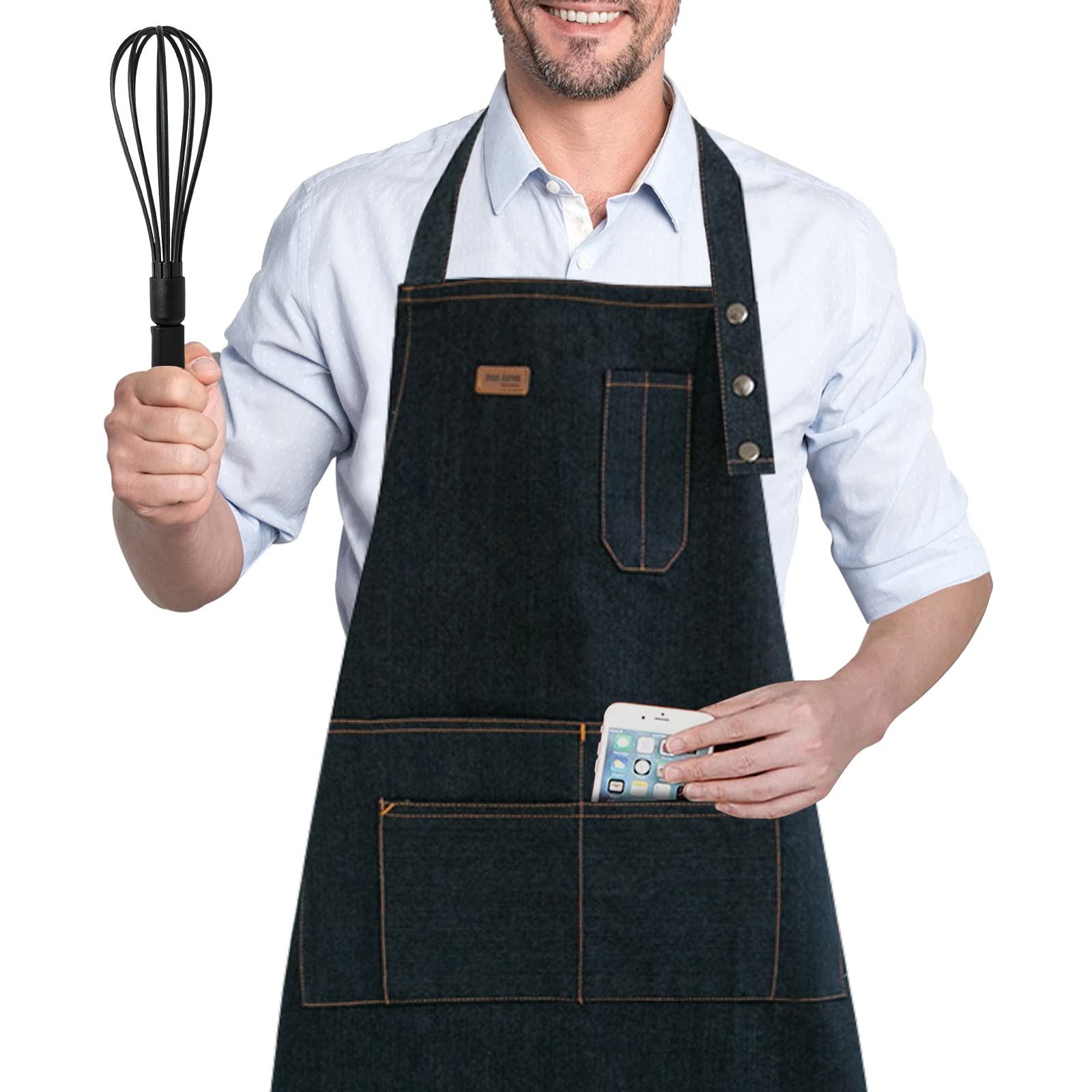 BICHIKEY Kitchen Cooking Apron for Women Men with Large Pockets, Adjustable Neck Strap Chef Apron, Perfect for Barber, BBQ, Waitress, Workshop, Gardening