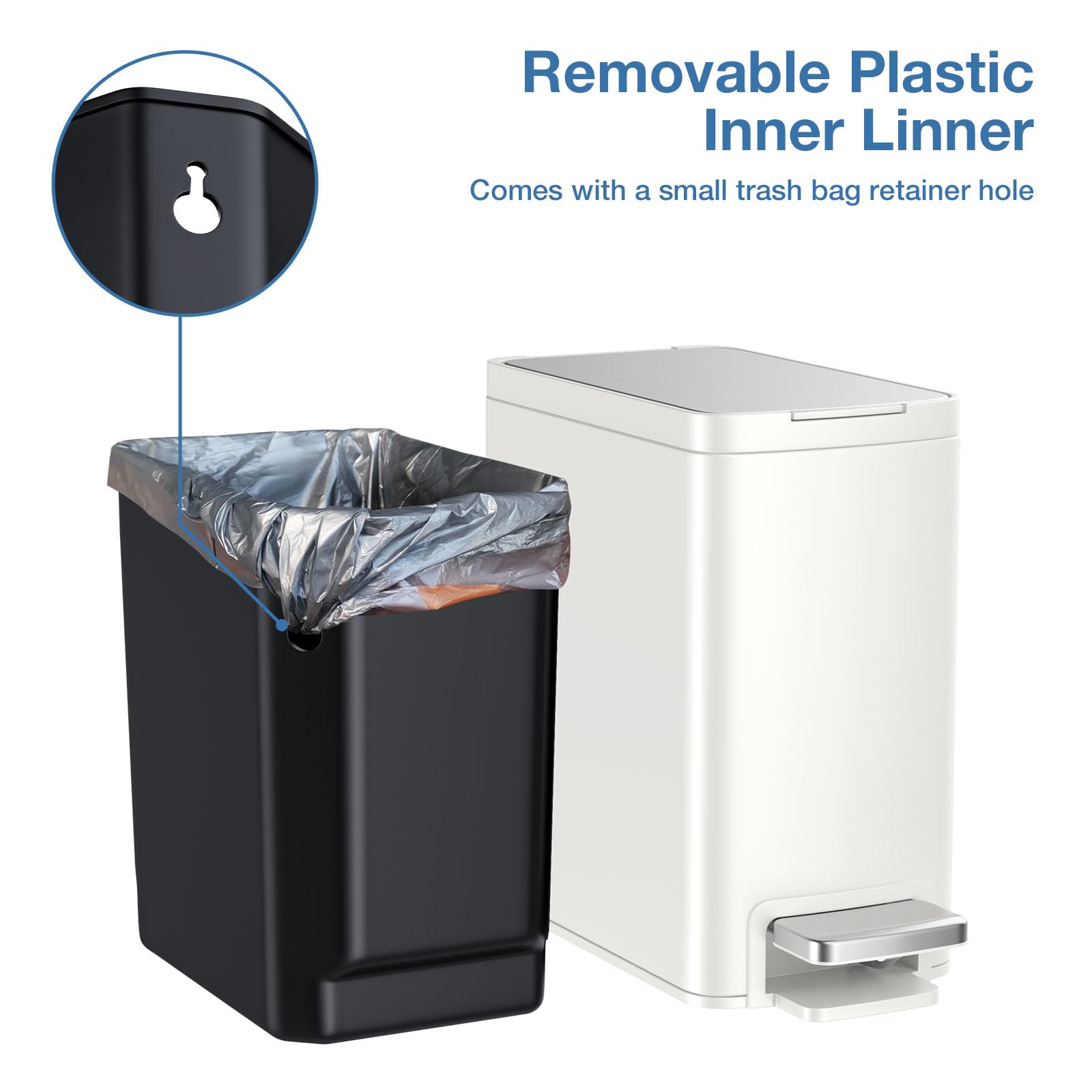 Bscann Bathroom Trash Can with Soft Close Lid,6 Liter / 1.6 Gallon Stainless Steel Step Garbage Can with Removable Bin,White Trash Can for Bathroom,Bedroom,Office(White)