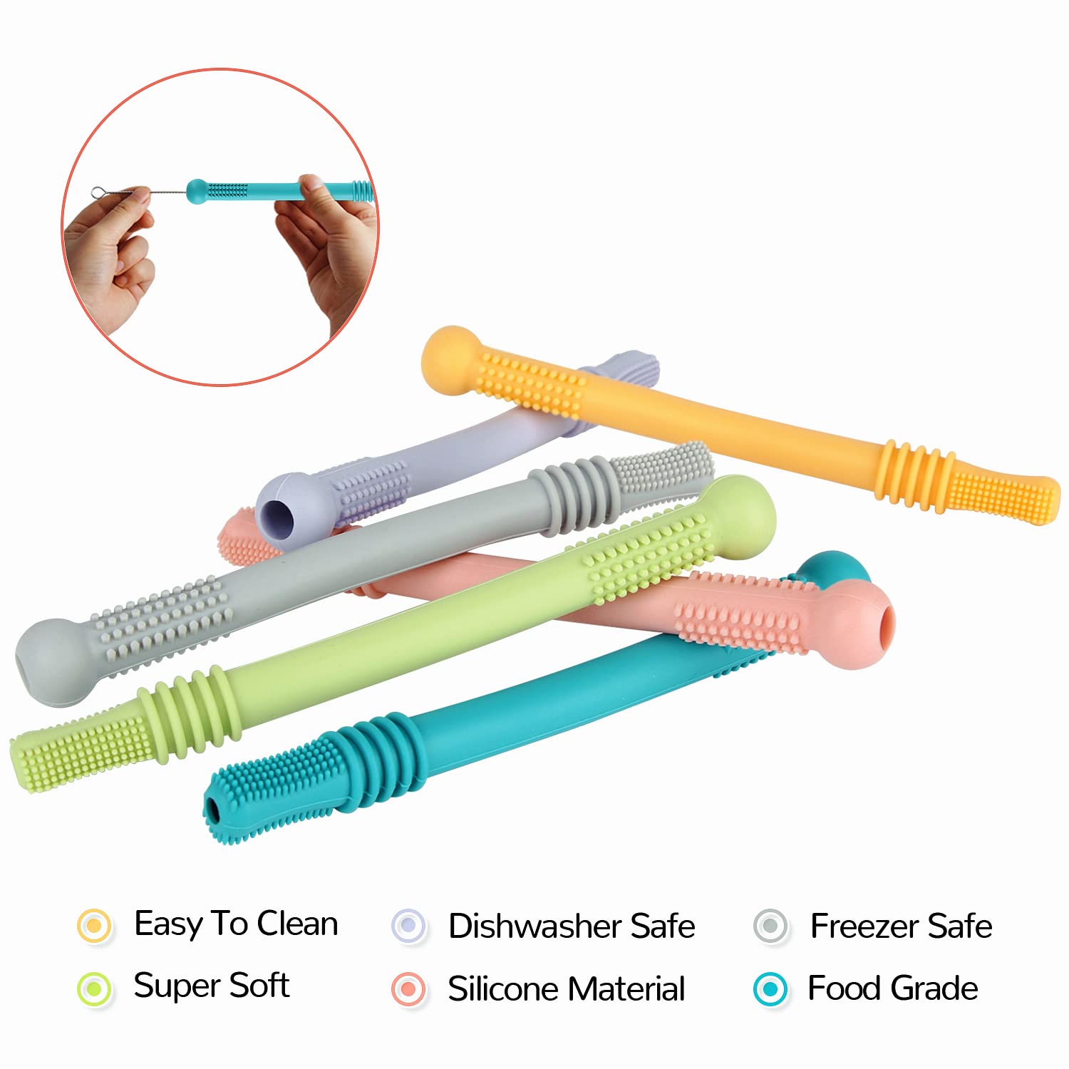 Chuya 6 Pack Hollow Teether Tube, Silicone Tubes Baby Teether Toys, Chew Straws Toy for 3-12 Months Babies Molars, Teething Relief Baby Teethers,BPA Free/Freezable,Dishwasher Safe,Easy to Clean