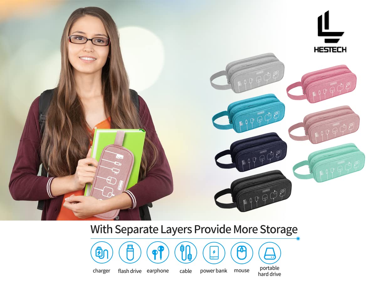 HESTECH Electronic Organizer Travel Case Cord Organizer Traveling Bag Tech Organizer Pouch for Charging Data Cable,Charger,Phone,Power Bank,Mouse,USB Flash Drive,Earphone,Pink with 5PCS Cables Ties