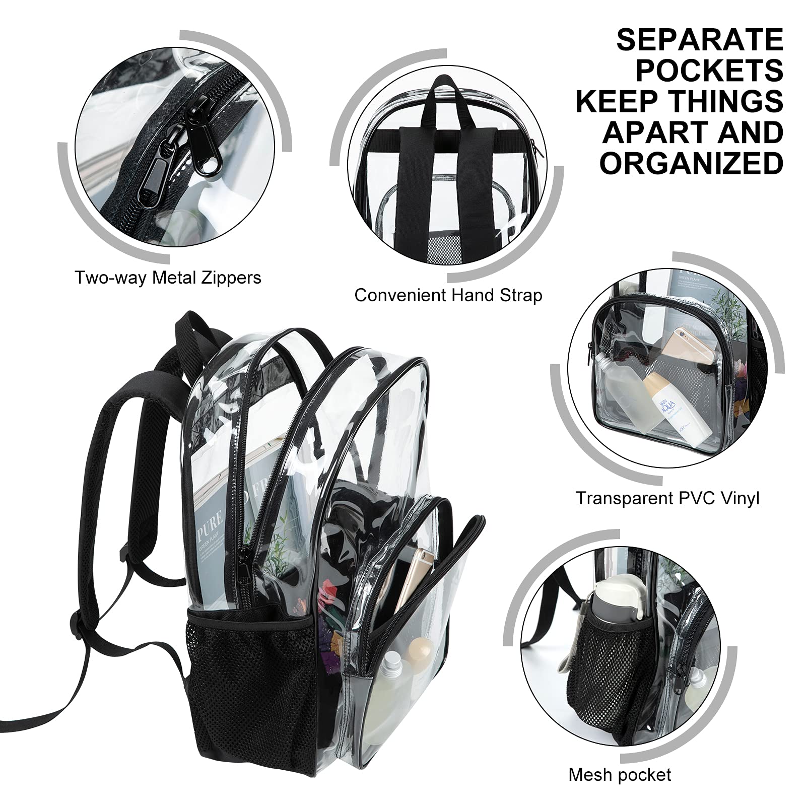 BORMELUN 2Pack Clear Bookbags See Through Backpack Heavy-duty Transparent Plastic Daypack Waterproof for Boys and Girls Concert Stadium approved 16.6x12.2x6 inches