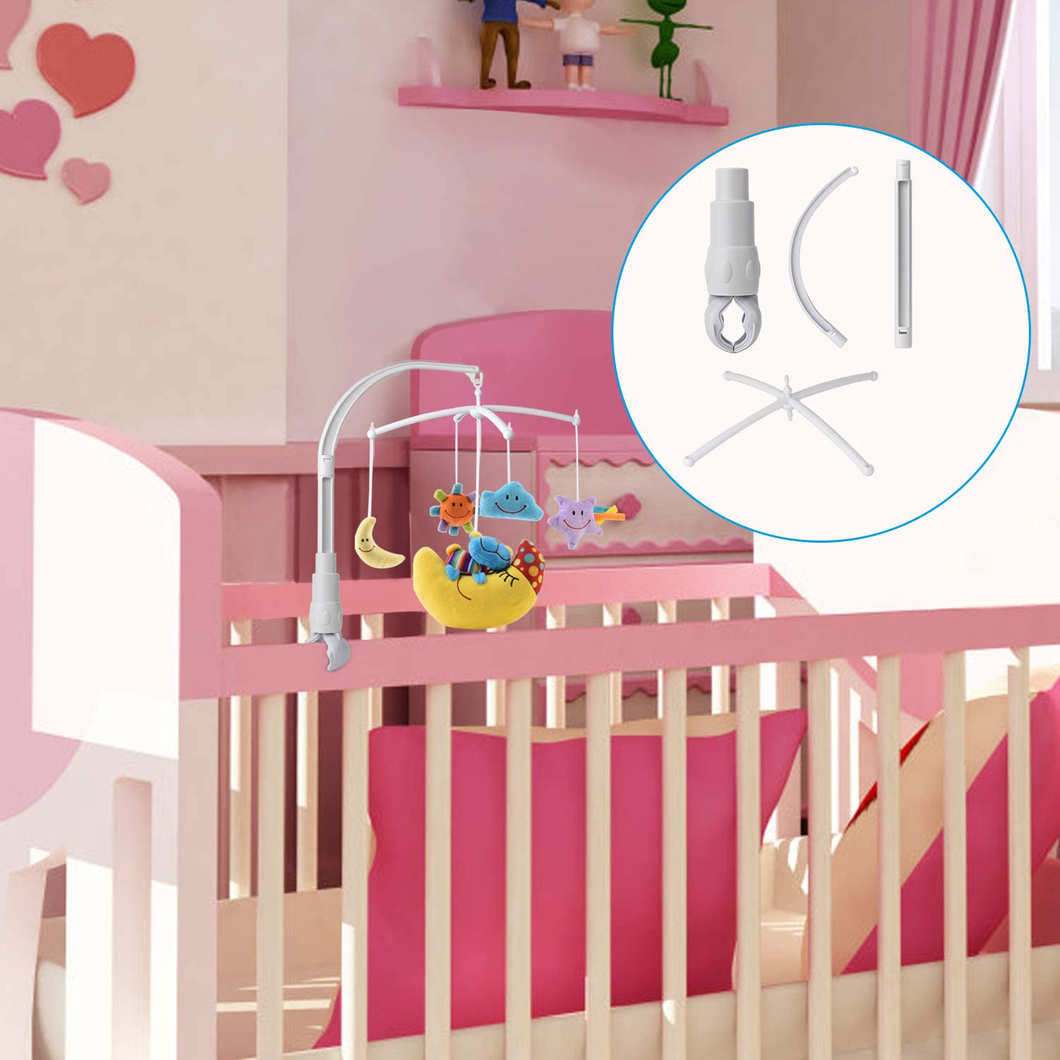 Baby Mobile Holder, 23 Inch Easy-Clamp Crib Mobile, Adorable Baby Crib Mobile with Toy Doll Space Star Moon Slumbers, Infant Stim-Mobile for Cribs