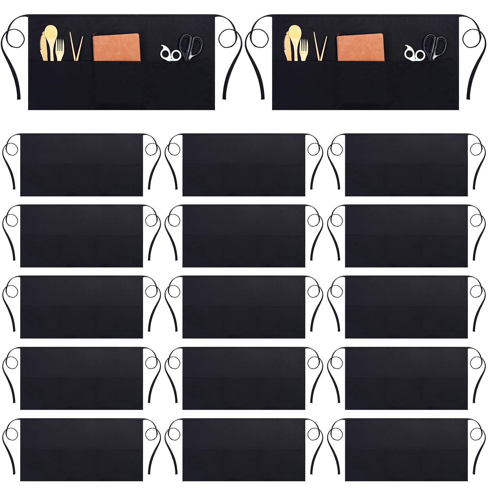 Black Waist Aprons 3 Pockets Waiter Waitress Server Short Aprons Water Oil Resistant Waist Aprons for Women Men (18 Pieces)