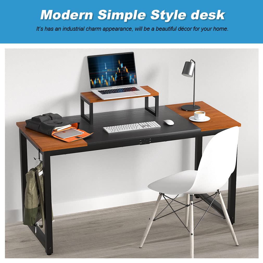 PayLessHere Computer desk with Monitor Riser Writing Large Table Home Office Hook Modern Student Study Desk with Stable Structure, Brown