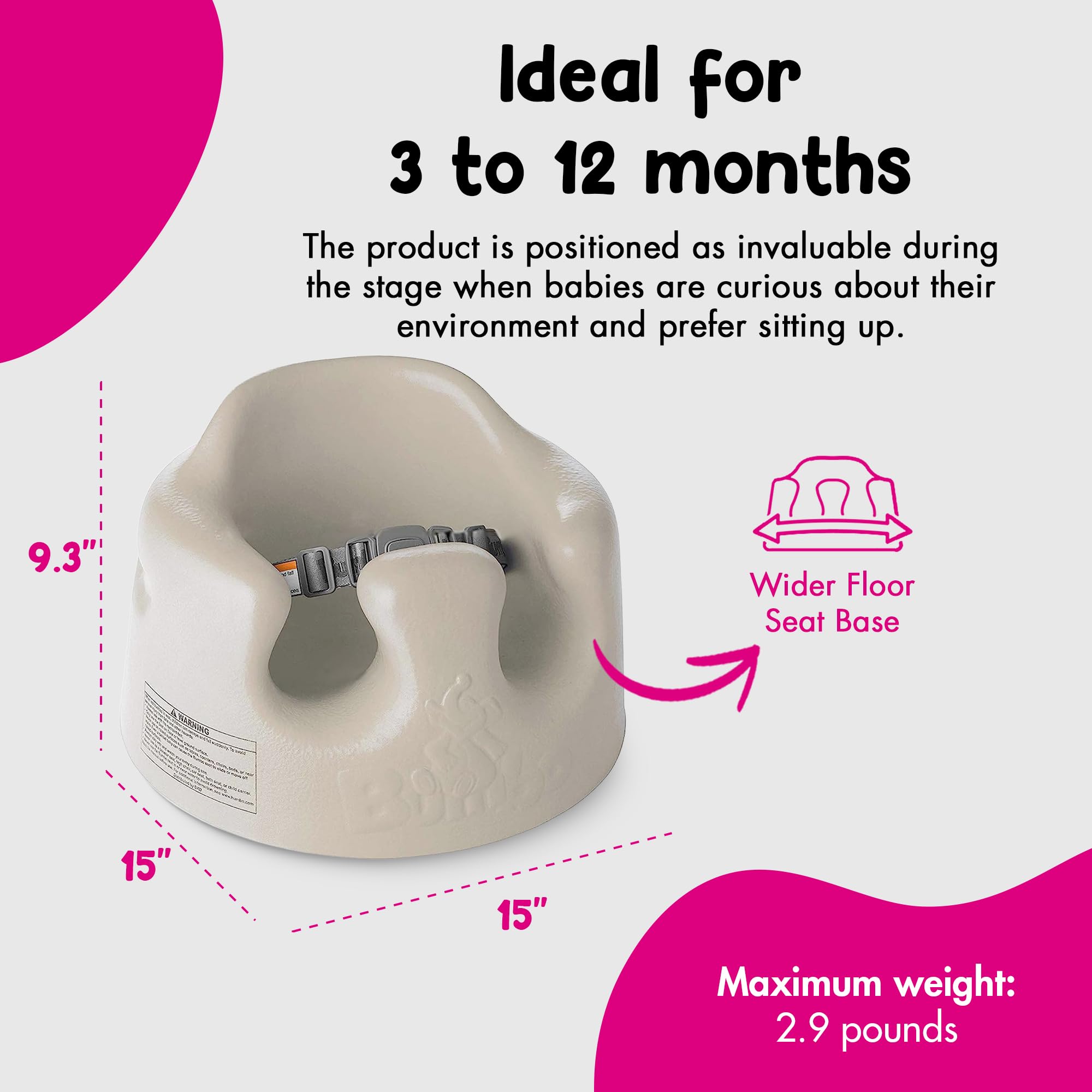 Bumbo Infant Floor Seat Baby Lounger Sit Up Support Chair for 3 to 12 Months with 3 Point Adjustable Safety Strap Harness and Rounded Backrest, Taupe