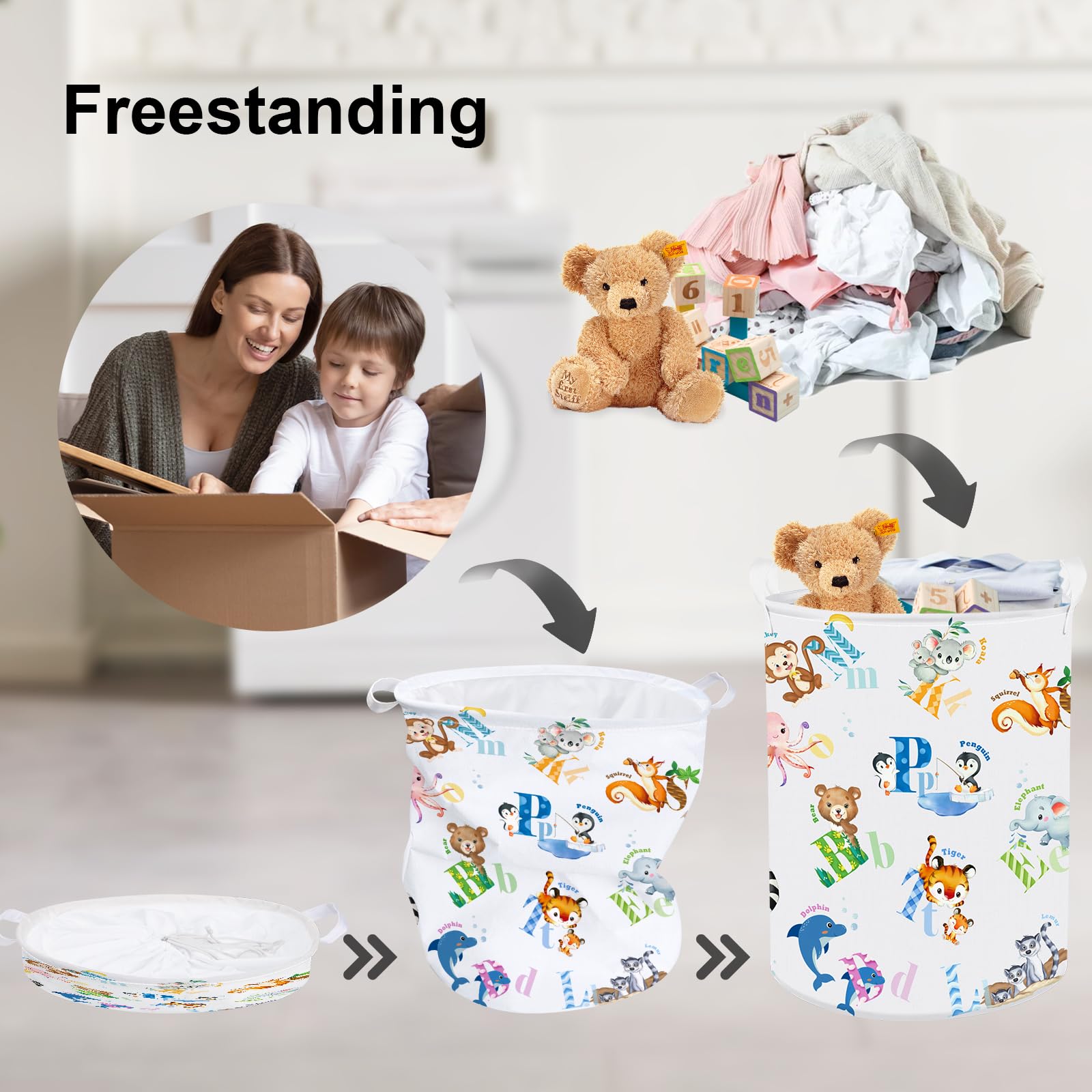 Clastyle 45L Cute Alphabet Animals Laundry Hamper for Boy Girl Colourful Round Toy Clothes Storage Basket for Nursery Room, 14.2x17.7 in