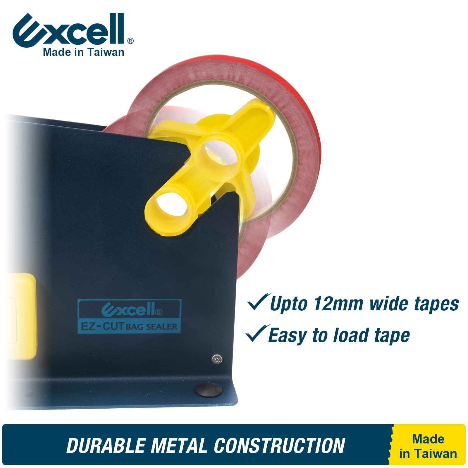 Excell EZ-Cut Tape Bag Sealer with Trimmer Blade: Fits 12 mm Tape, Ideal for Sealing Candy, Bread, and Meat. Easy to Cut and Trim Bags. Durable, Table-mountable. Includes Sealer and Tape roll.