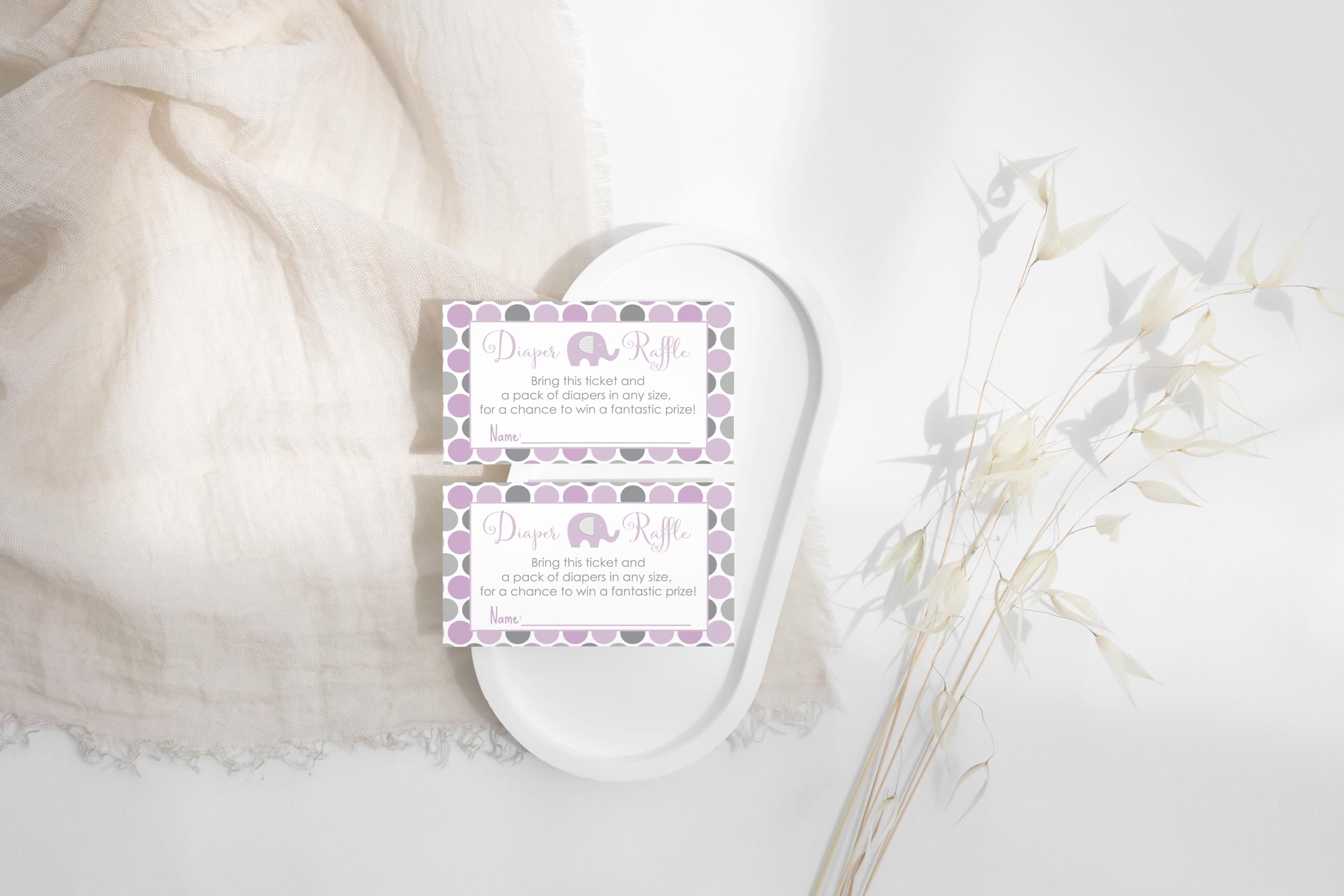 Purple Elephant Diaper Raffle Tickets, Girls Baby Shower Games for Prizes, Baby Shower Diaper Raffle Invitation Insert Cards, 25 Pack