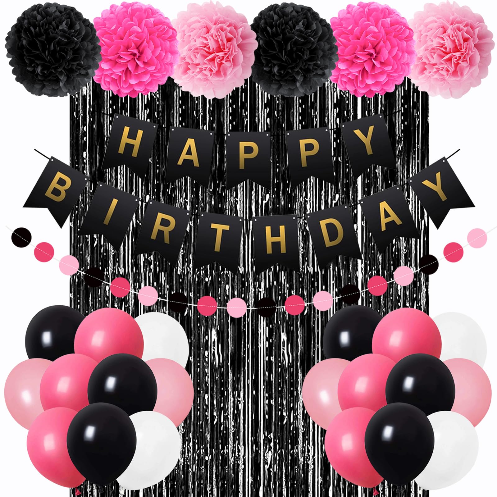 Black and Pink Birthday Party Decorations for Girls Women Happy Birthday Banner, Black Foil Fringe Curtain, Paper Pom Poms for girls Women Birthday Pink Black Party Supplies