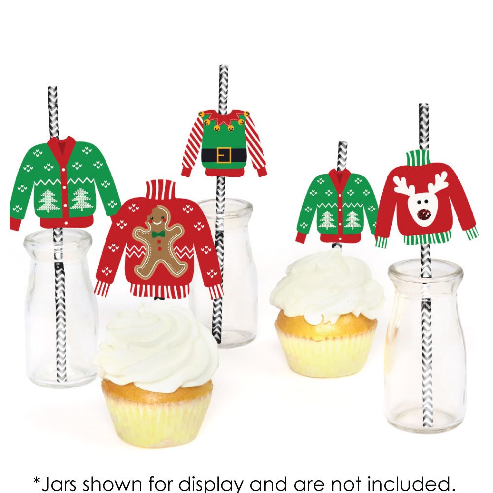 Big Dot of Happiness Ugly Sweater Paper Straw Decor - Holiday and Christmas Party Striped Decorative Straws - Set of 24