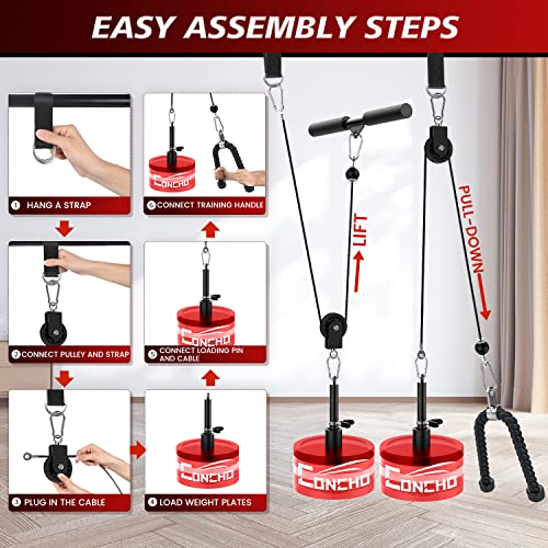 Concho Cable Pulley System Gym, Upgraded Weight Pulley System with 3 Detachable Handles, LAT and Lift Pulley Attachments for Biceps Curl, Triceps, Chest Workout - DIY Home Gym Fitness Equipment