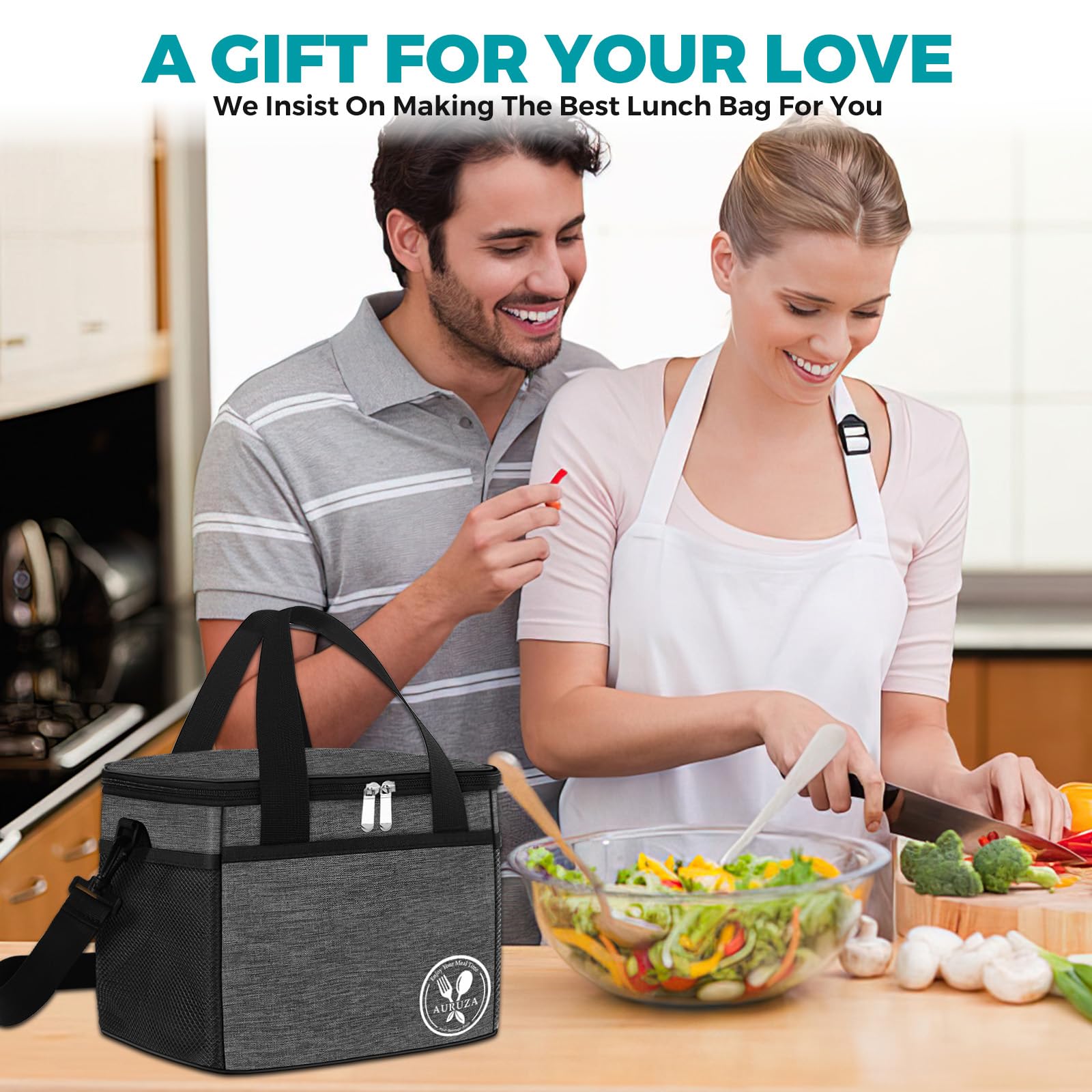 AURUZA Insulated Lunch Bag, Black, Unisex, 10.24" x 7.09" x 8.27", 9.8L Capacity, Waterproof, Portable Design