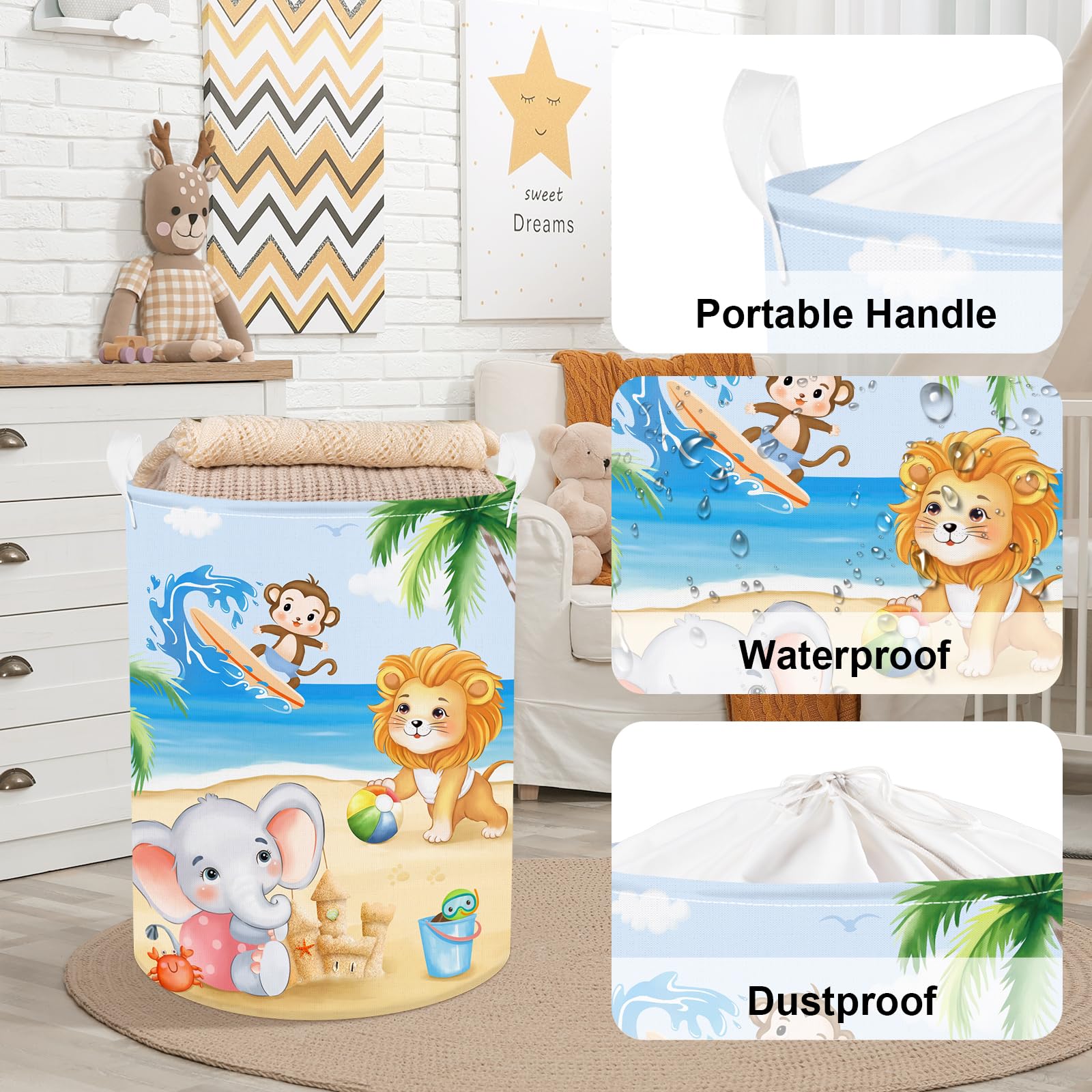 Clastyle Surfing Monkey Lion Laundry Hamper Summer Pool Beach Towel Blanket Basket Elephant Castles Nursery Hamper Kid Bedroom Round Toy Clothes Storage Basket