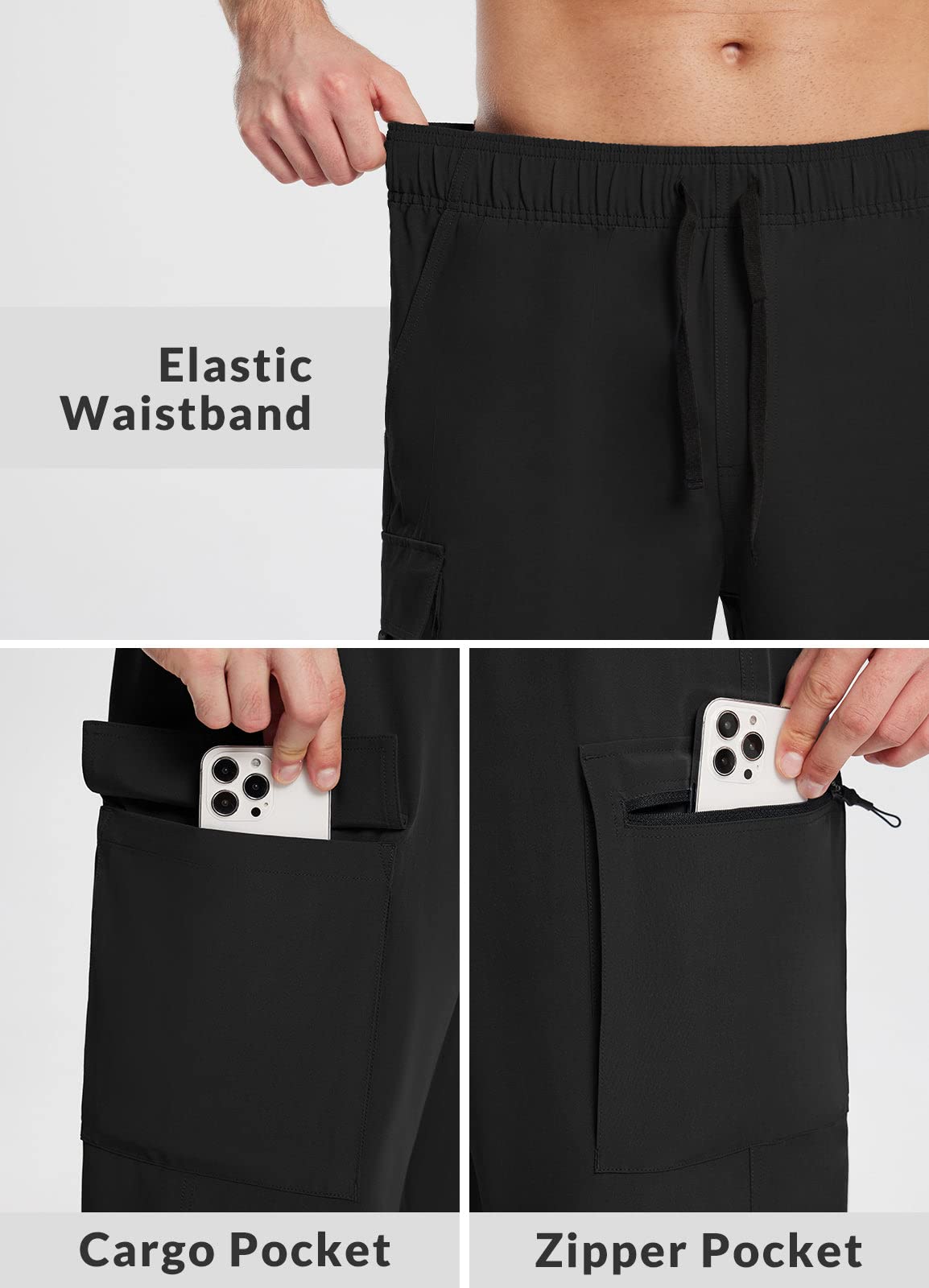 BALEAF Men's Long Shorts Below Knee 15" Capri Pants Hiking Cargo Pockets Quick Dry Lightweight Elastic Waistband Gym Black 2XL